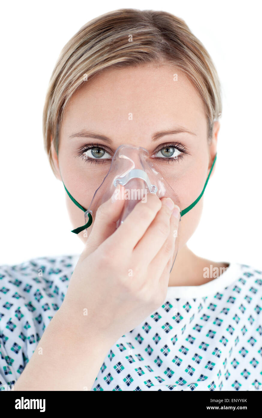 Patient with an oxygen mask against white background Stock Photo - Alamy