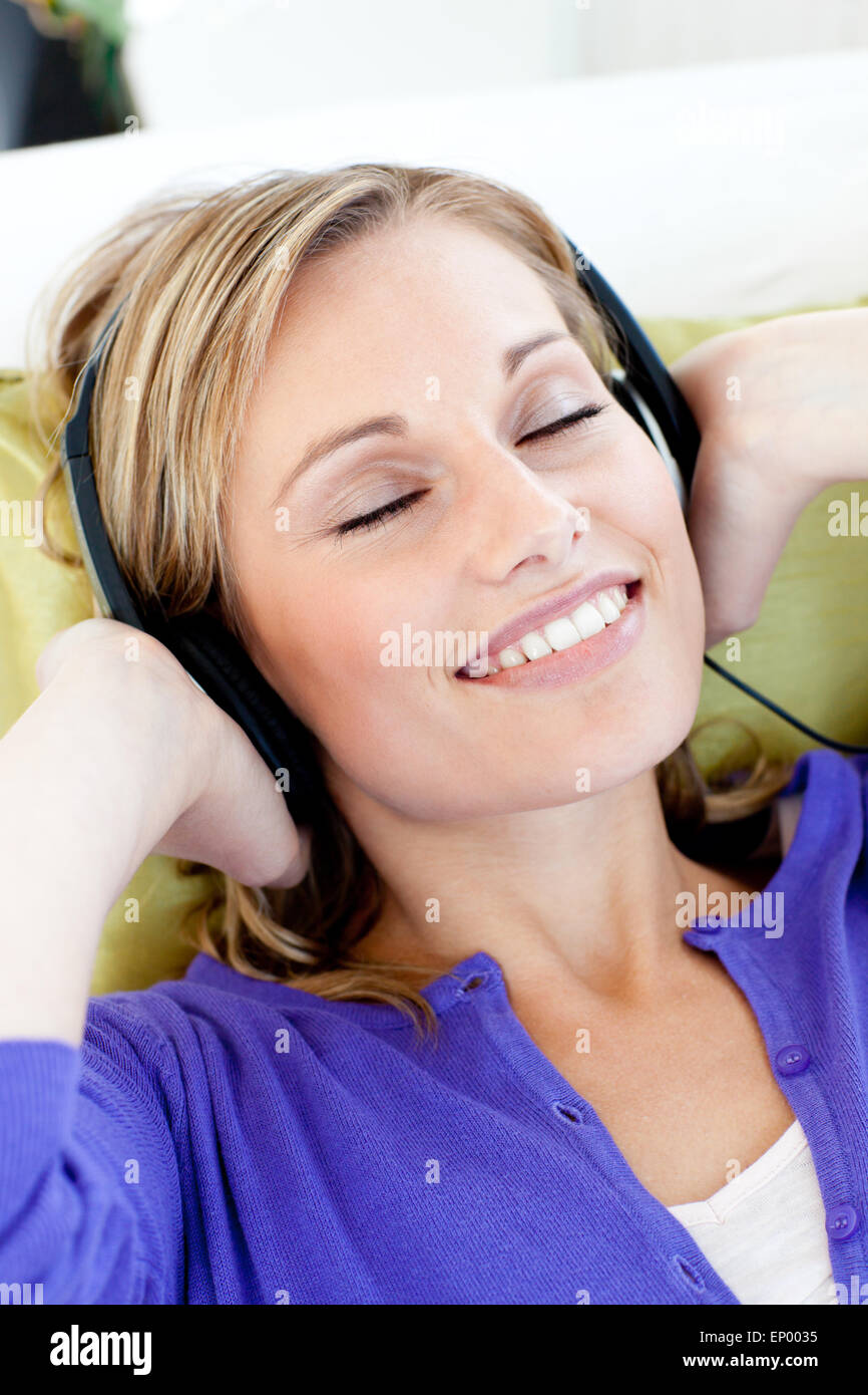 Relaxed woman listen to music with closed eyes Stock Photo - Alamy