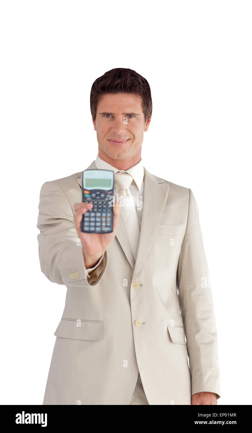Handsome Businessman showing a calculator Stock Photo - Alamy