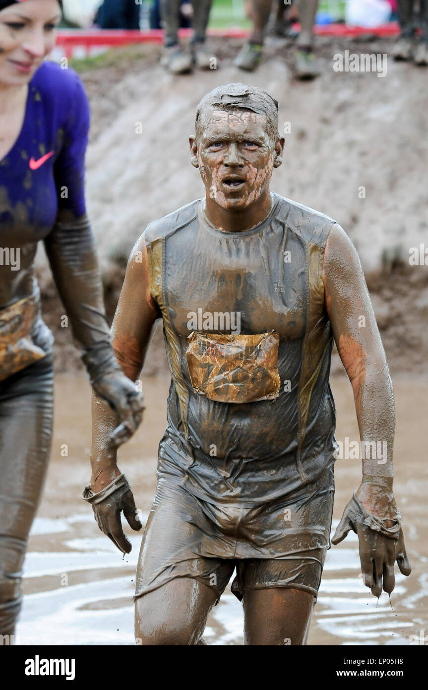 Mud covered competitors finish obstacle course race Stock Photo - Alamy