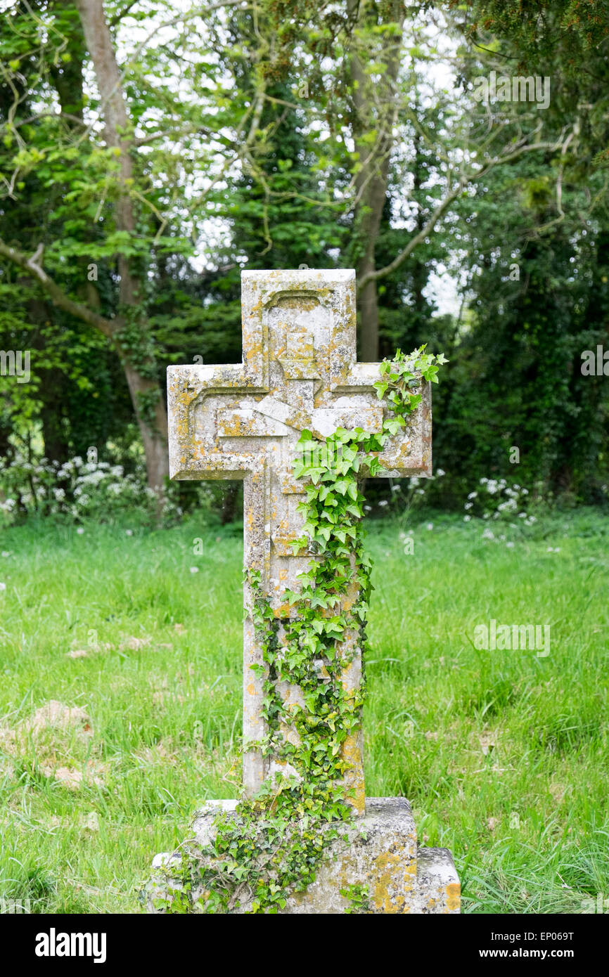 Stone cross grave marker in UK cemetery with Ivy growing over Stock ...