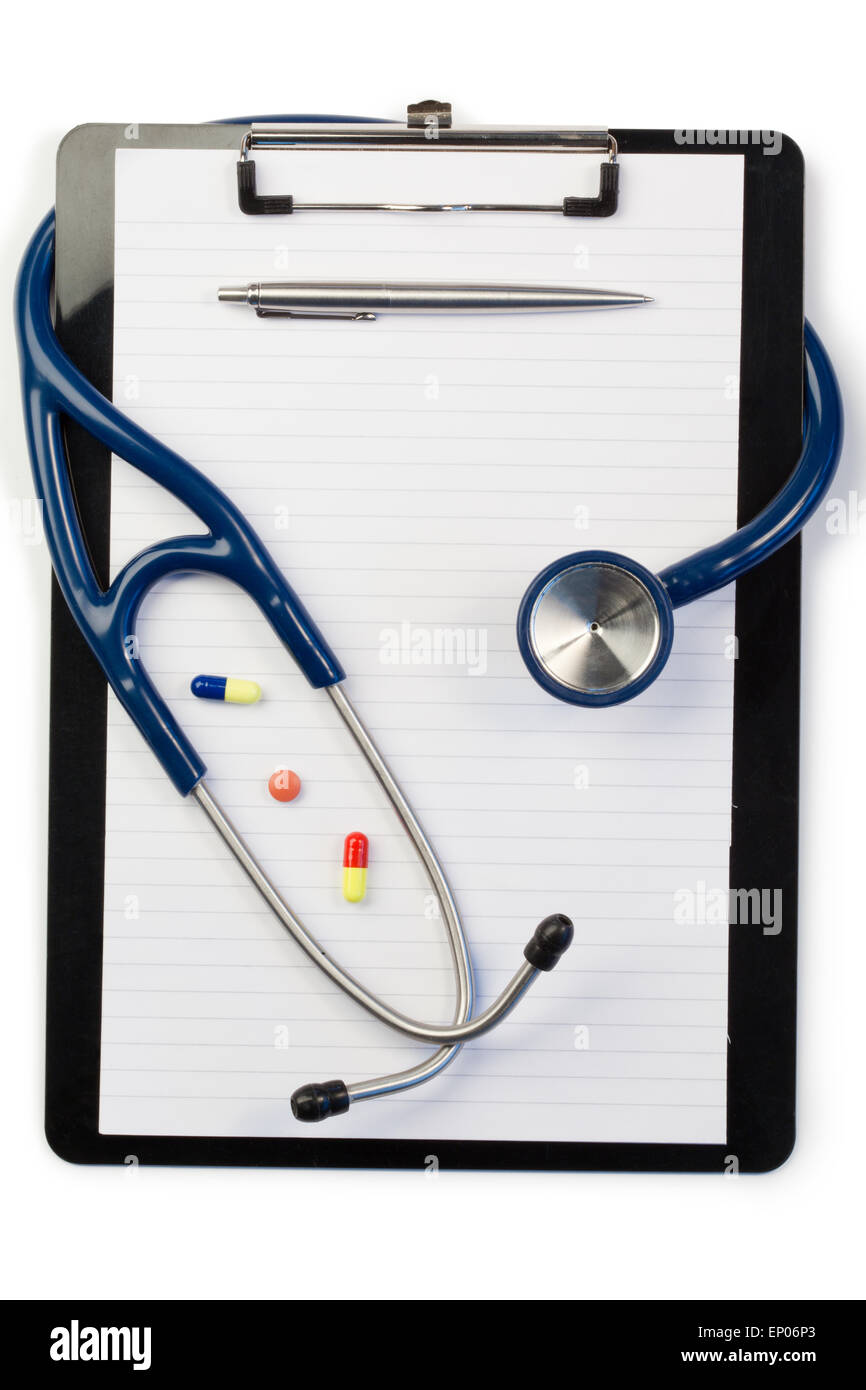 Note pad and stethoscope with pen at the top and pills Stock Photo - Alamy