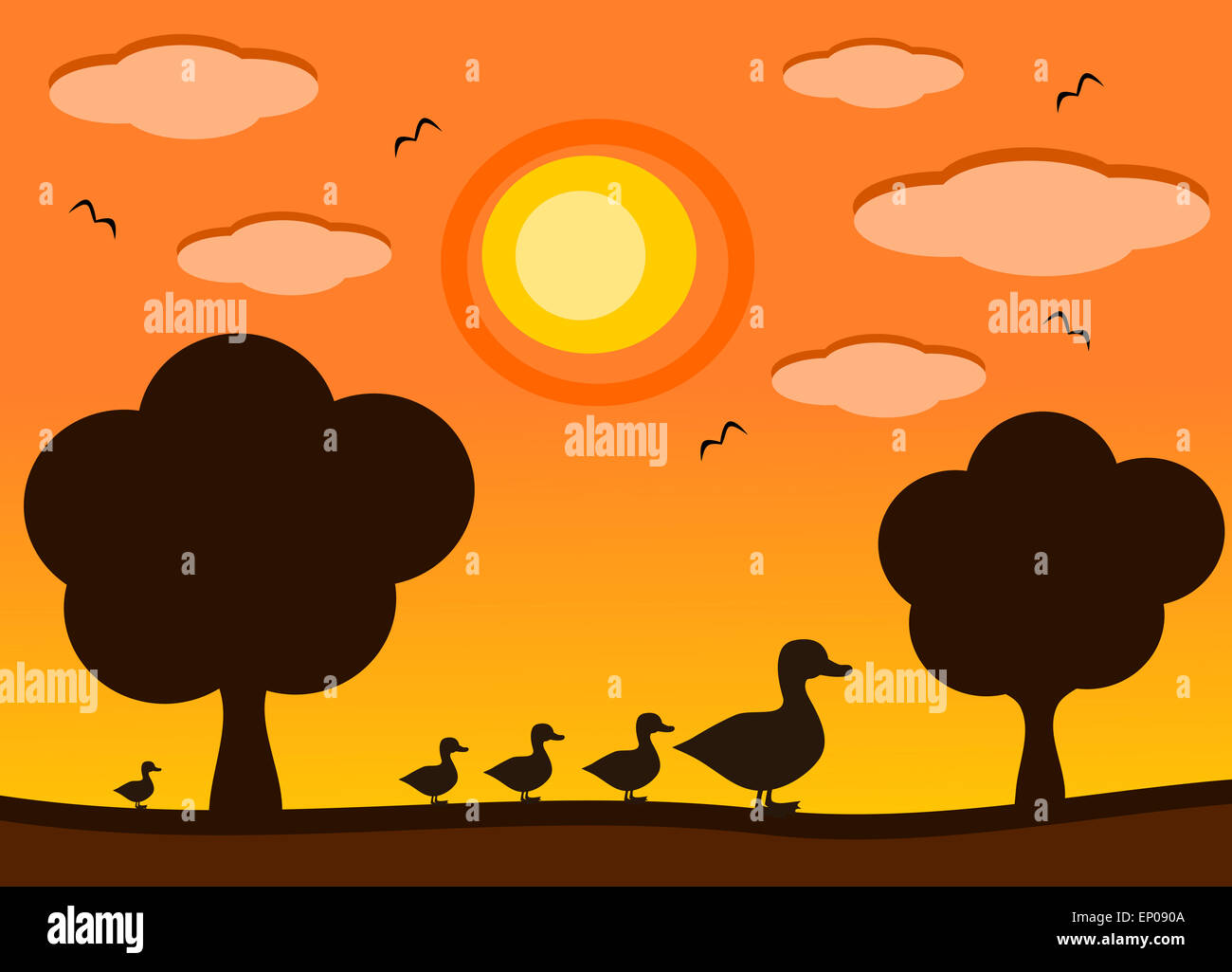 Duck family in the sunset cute cartoon illustration Stock Photo - Alamy