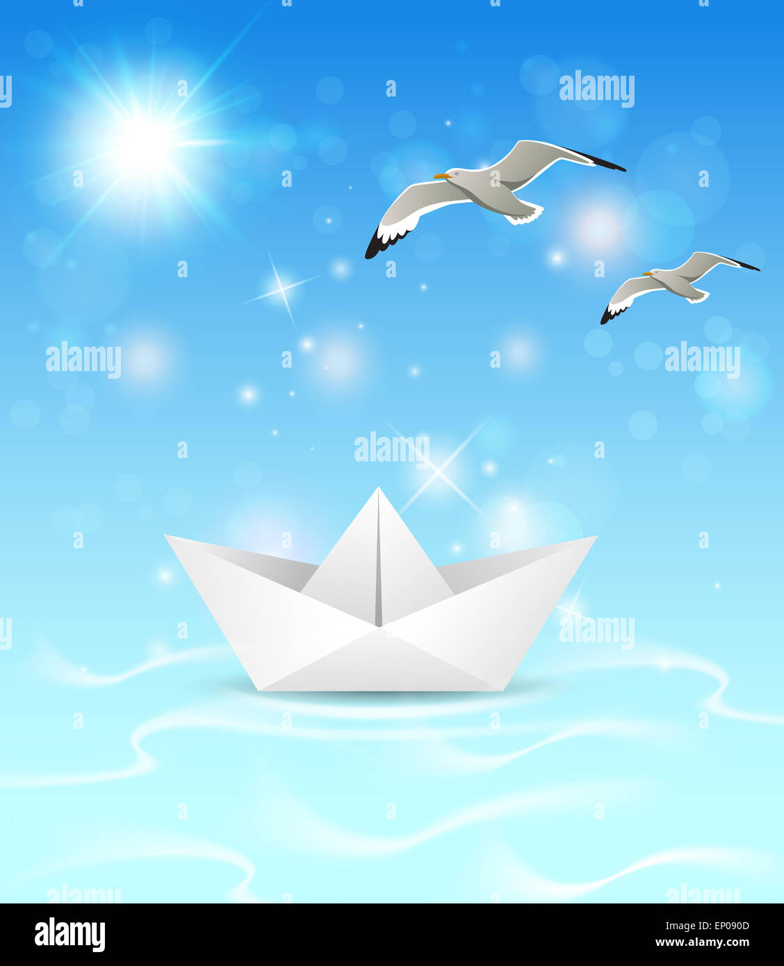 Summer blue marine background with paper boat and seagulls Stock Photo ...