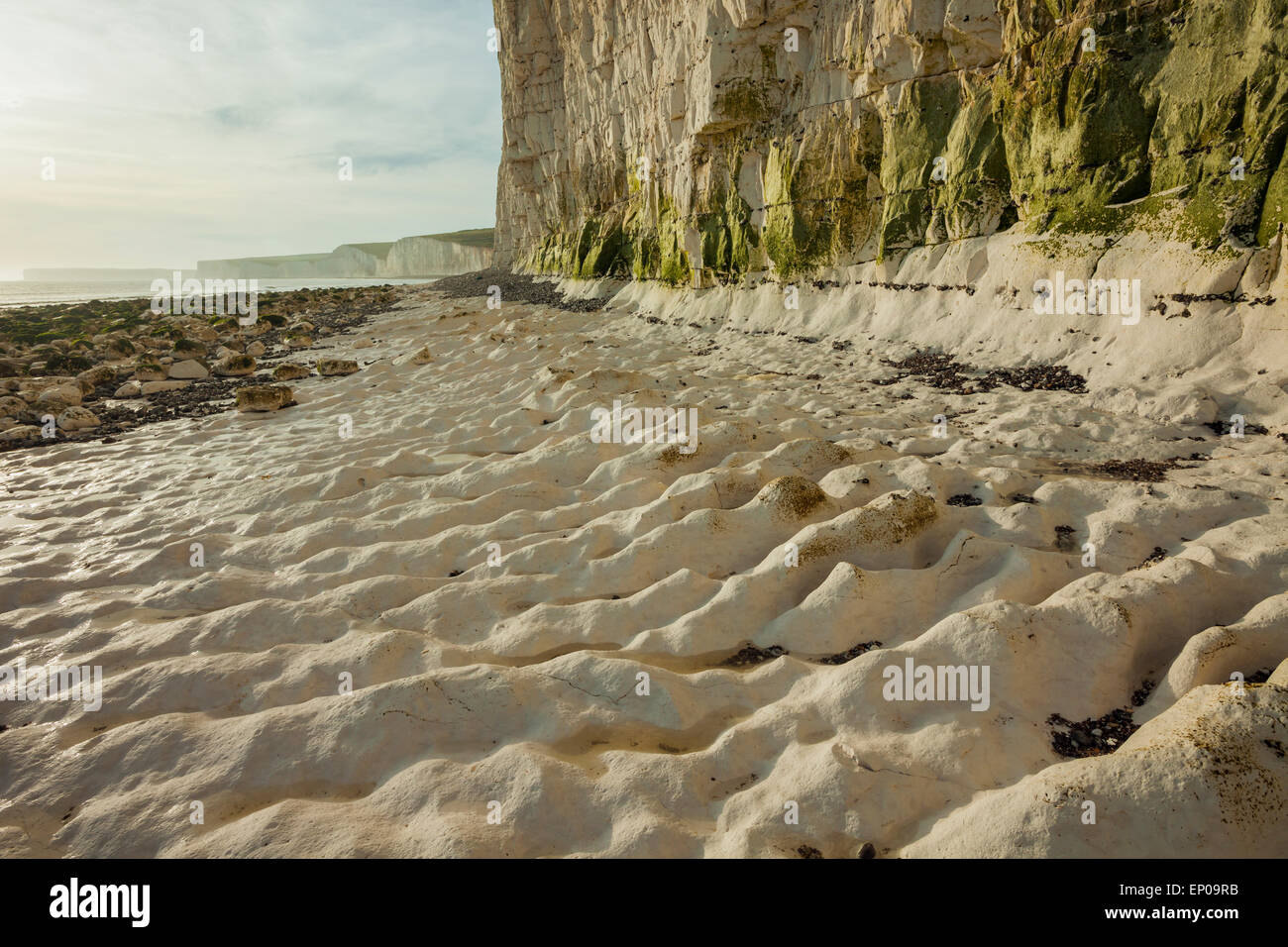 White cliffs of Beachy Head, Sussex, England. Seven Sisters looming in ...