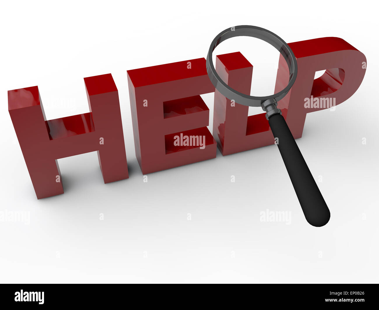 Help - 3D Text with magnifier over white Background Stock Photo - Alamy