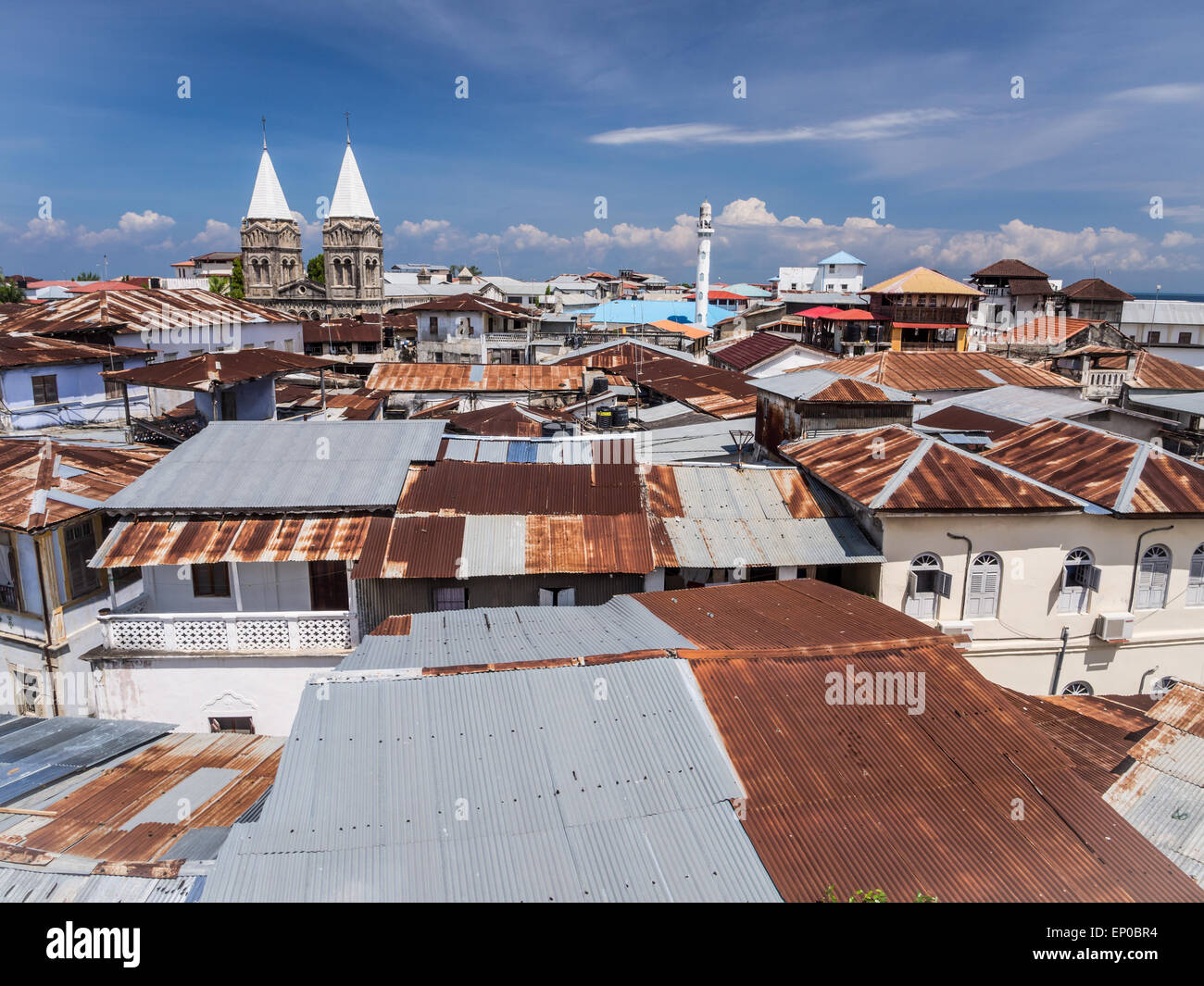 Architecture in Stone Town, Zanzibar in Tanzania with towers of the St ...