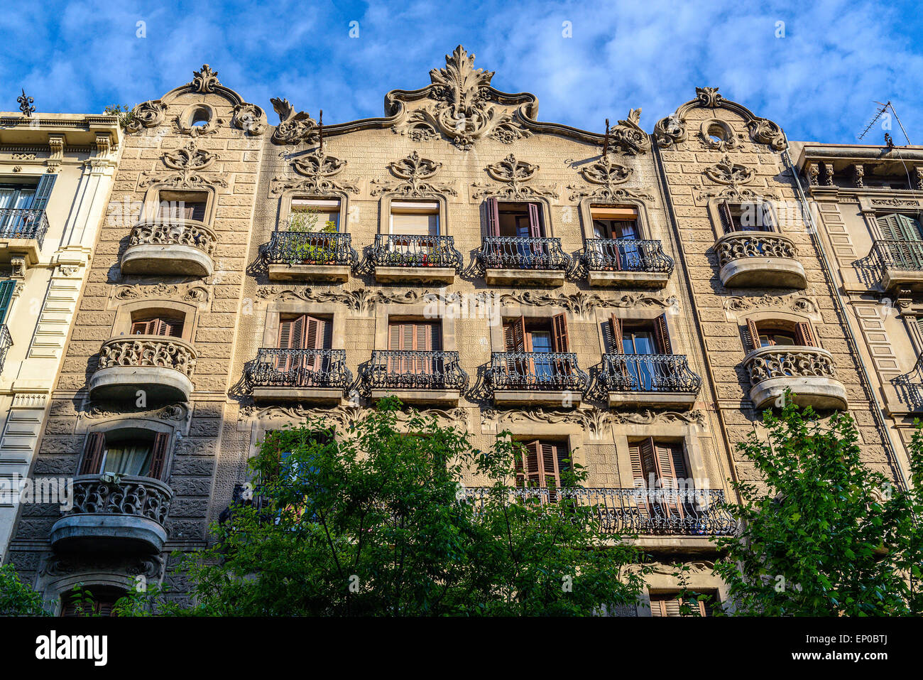 Facade of typical residential building in Eixample district, Barcelona ...