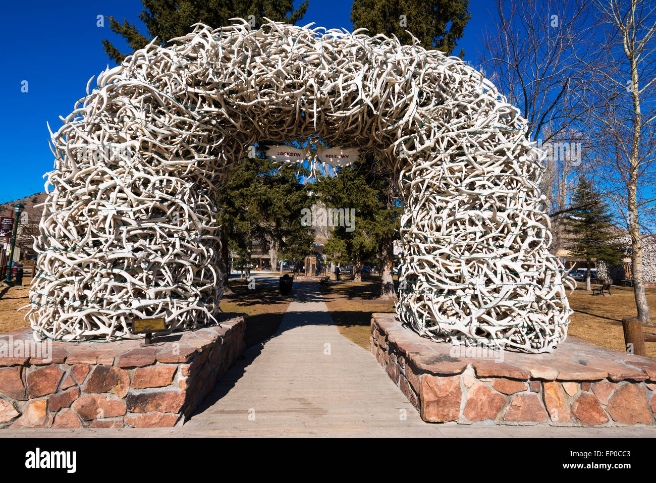Elk antler arch in the town square, Jackson Hole, Wyoming USA Stock ...