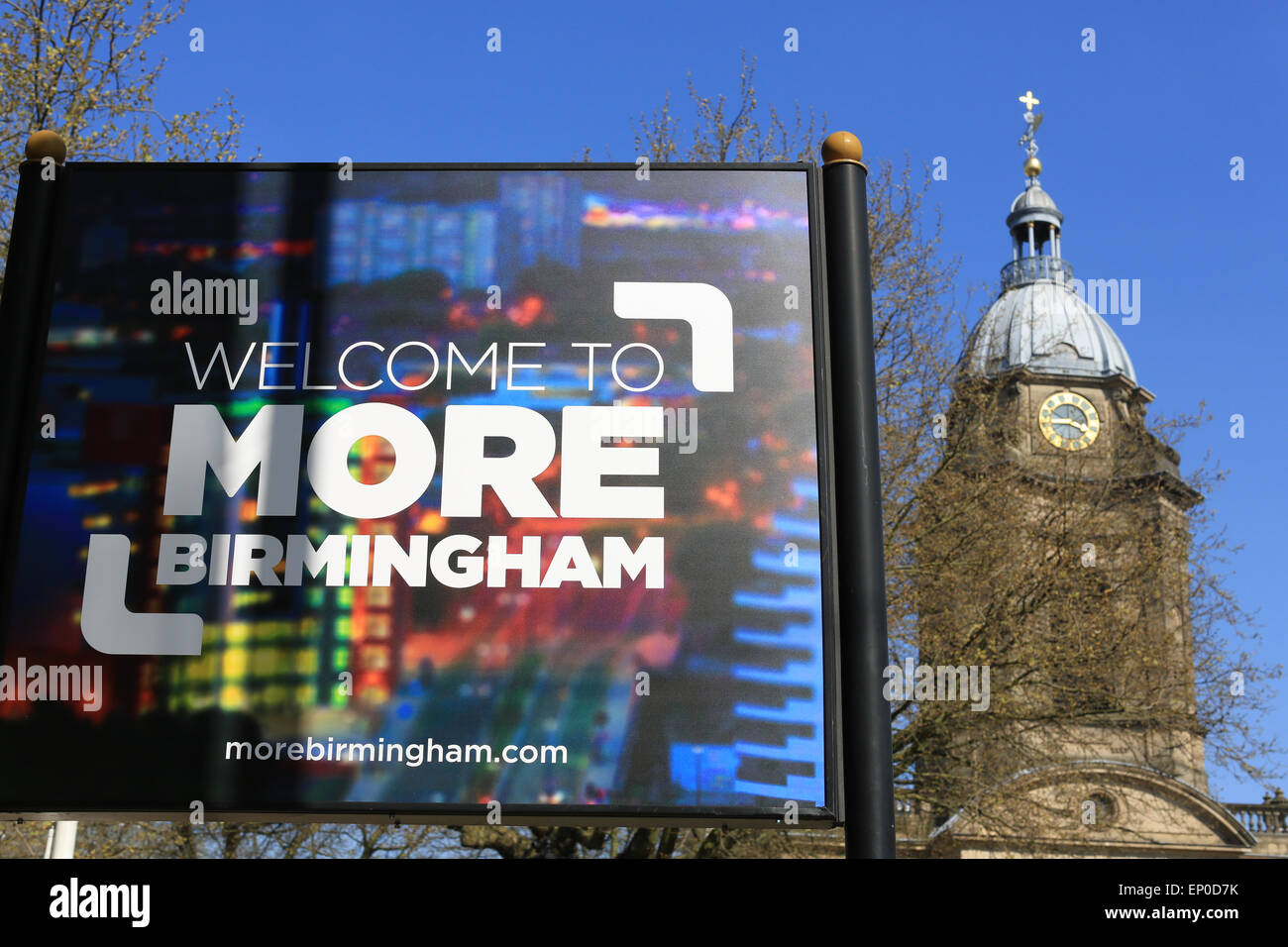 A welcome to Birmingham sign and the cathedral in the city centre Stock ...