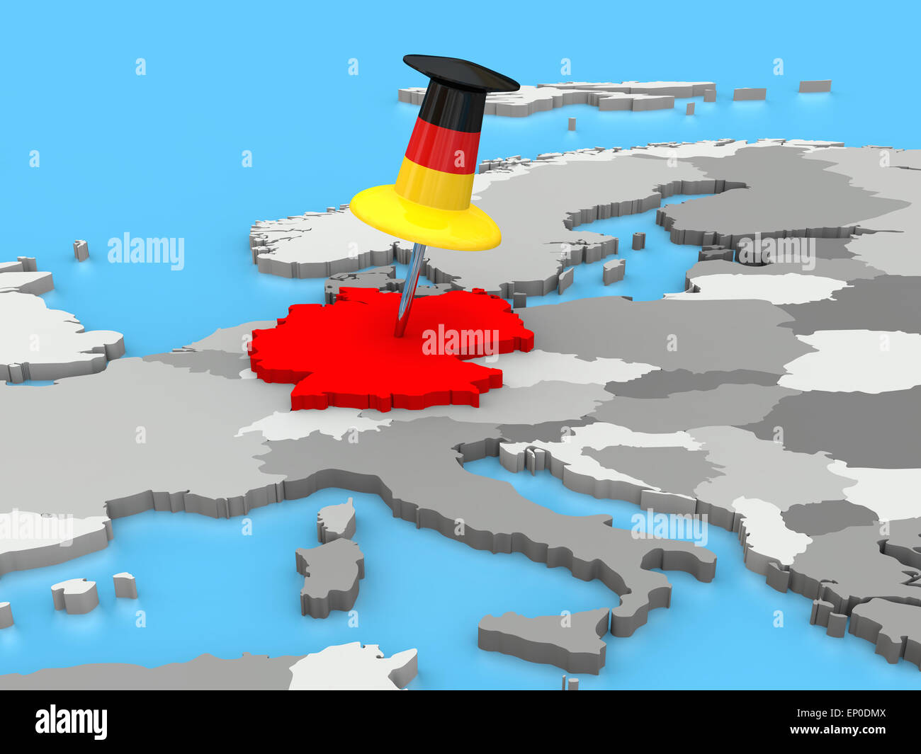 Germany attached to the map of Europe with a huge push pin coloured as ...