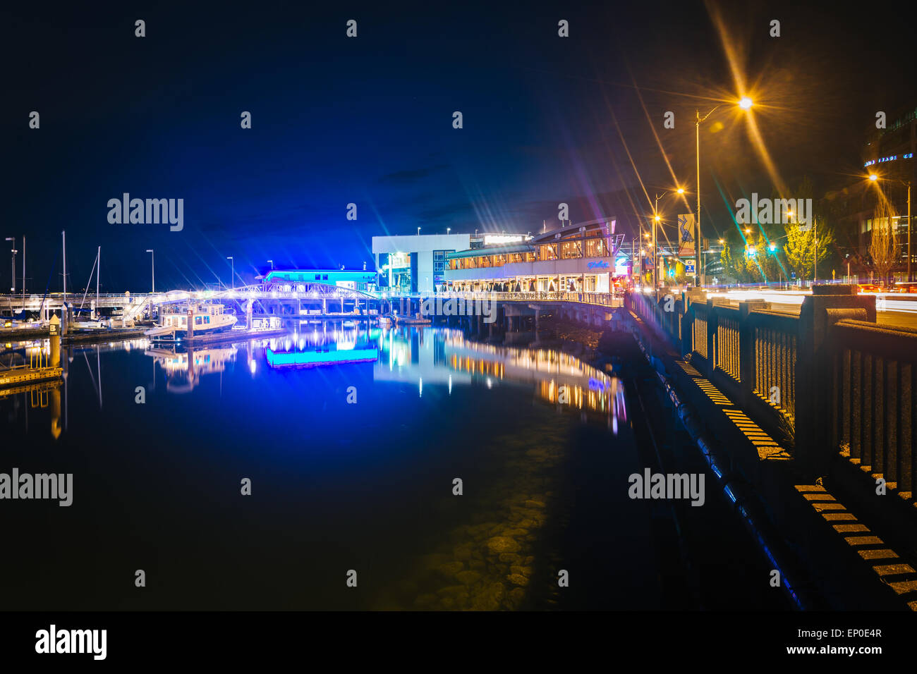 Bell Street Pier at night, on the waterfront in Seattle, Washington ...