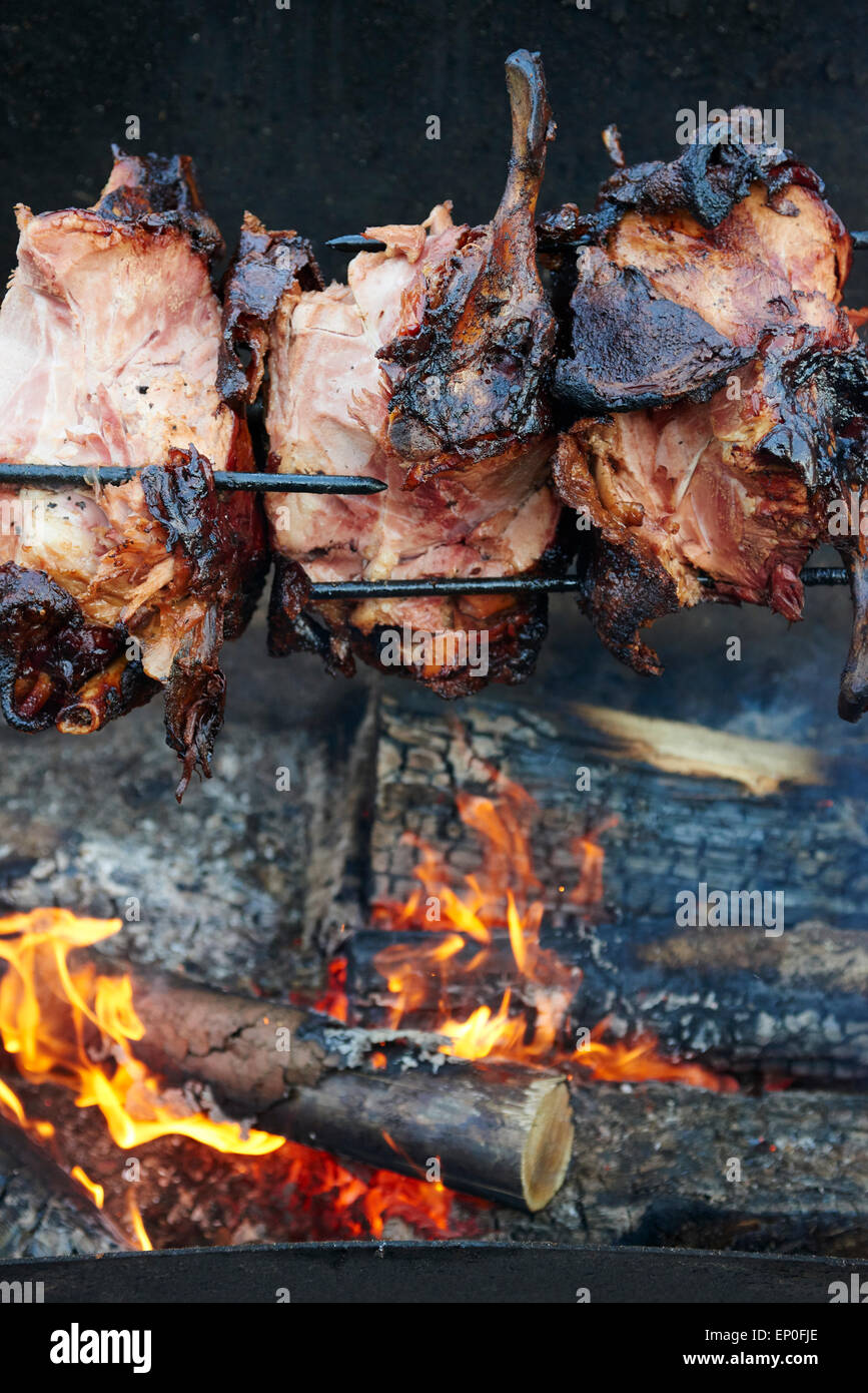 Ham fried on open fire Stock Photo - Alamy