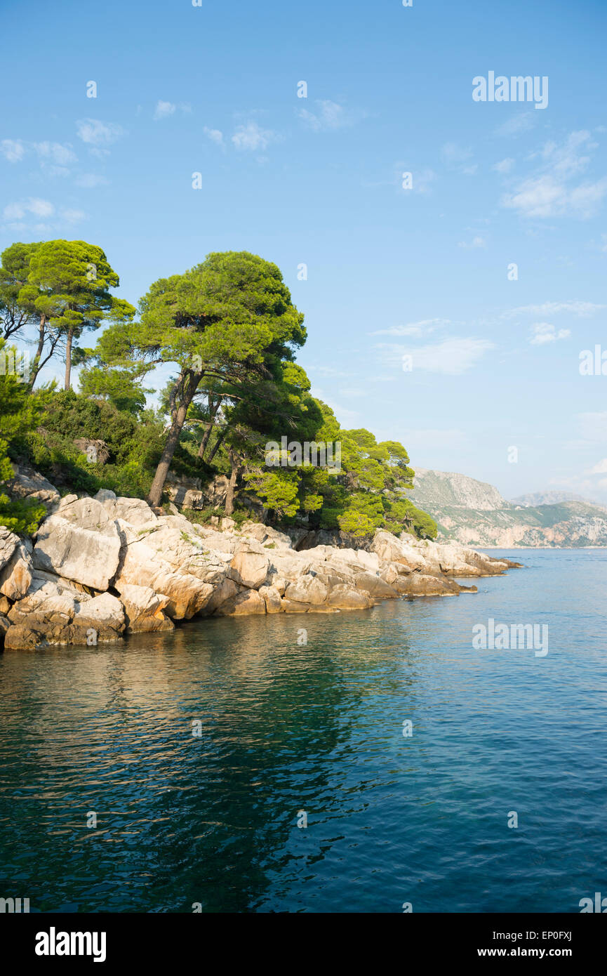 Rugged Mediterranean rock shore of Lokrum Island off the Adriatic coast ...