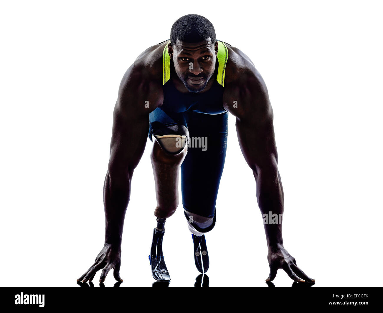 one muscular handicapped man runners sprinters with legs prosthesis in ...