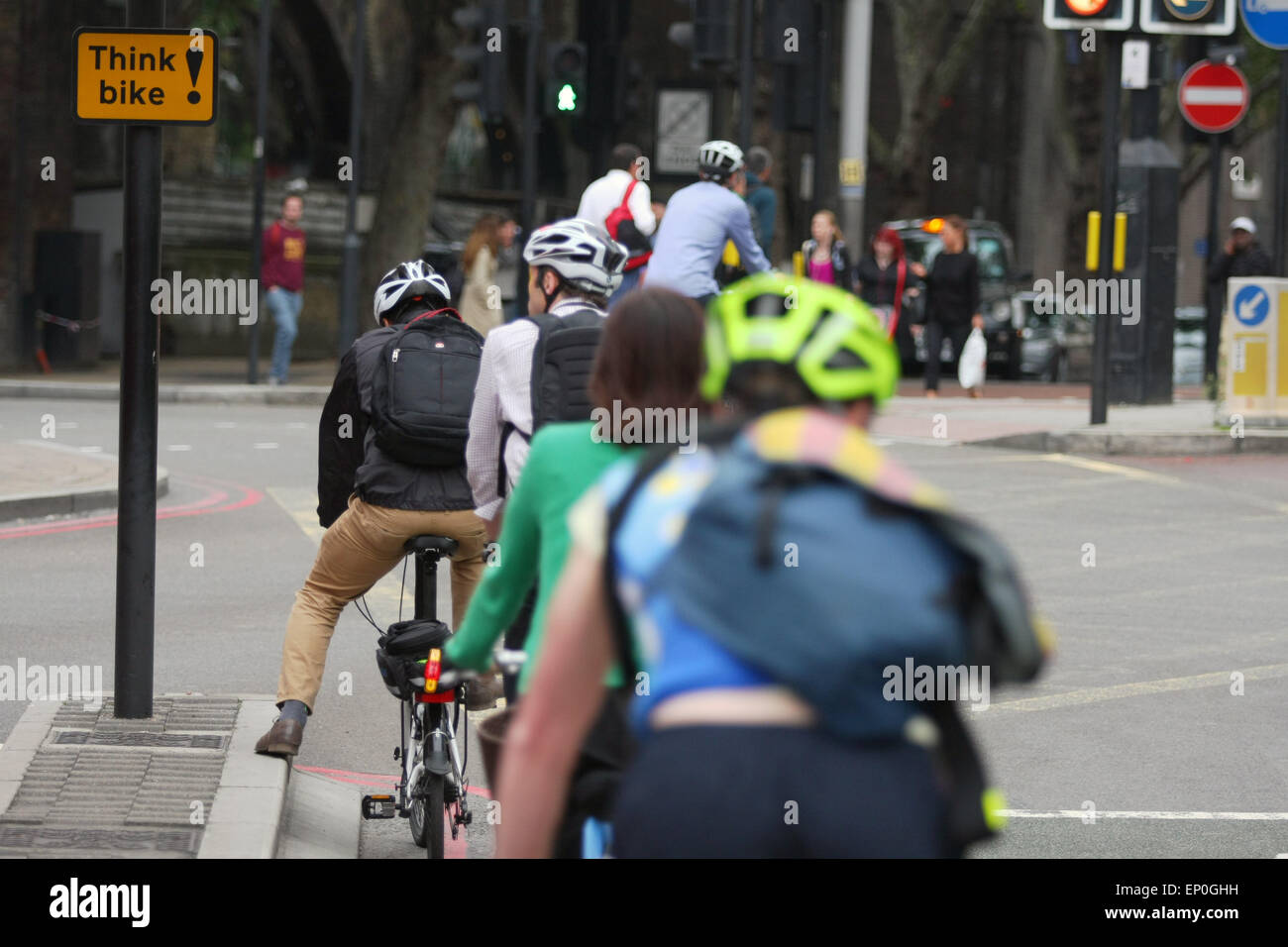 cyclists waiting at traffic lights at Waterloo, London, England Stock ...