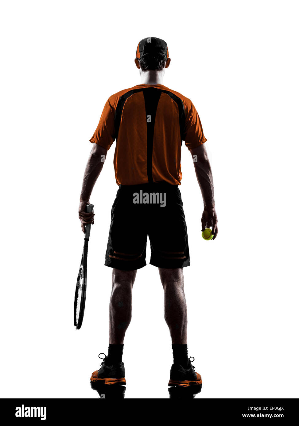one man tennis player back rear view in silhouette isolated on white ...