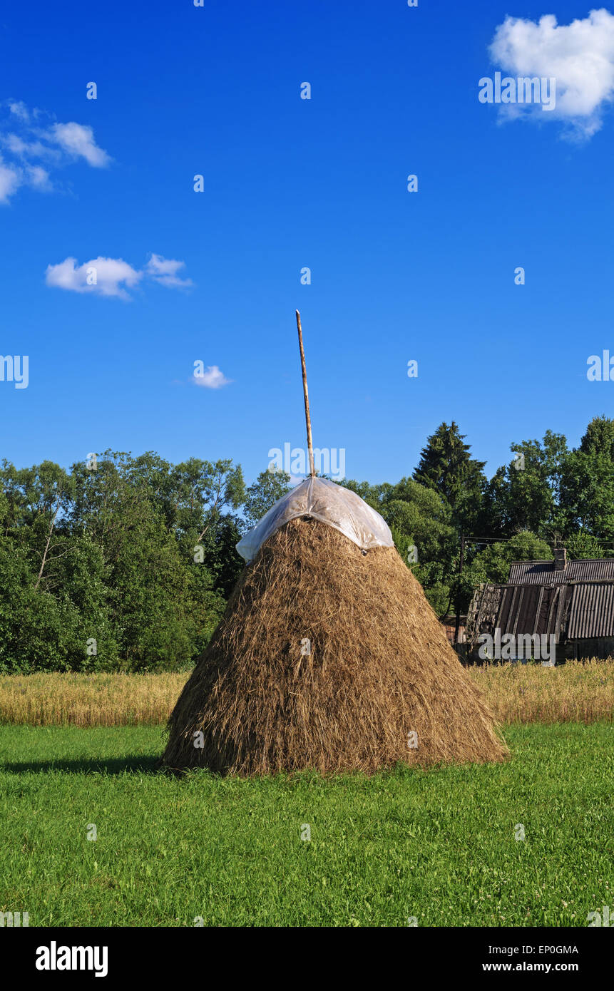 Village landscape with hay stack Stock Photo - Alamy