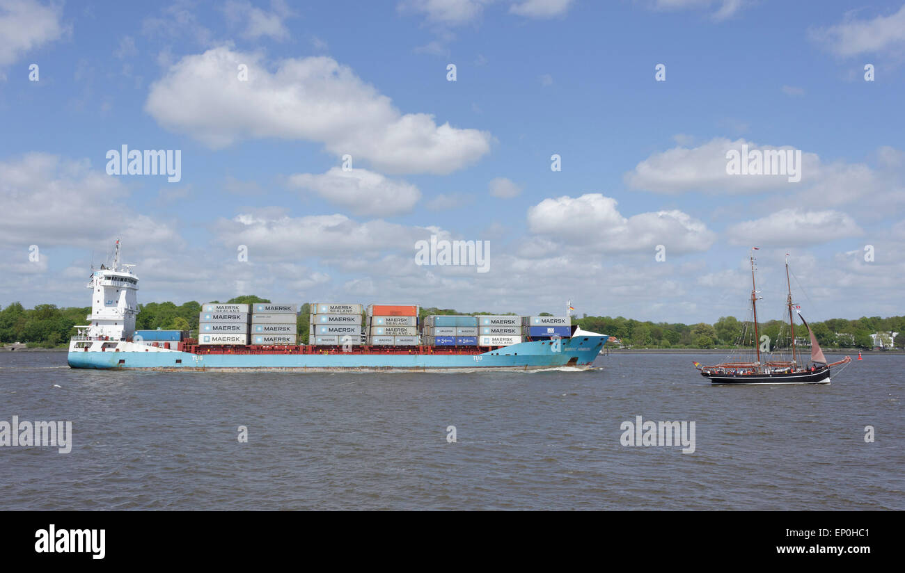 Container ship and sailing ship on River Elbe during 826. Harbour ...