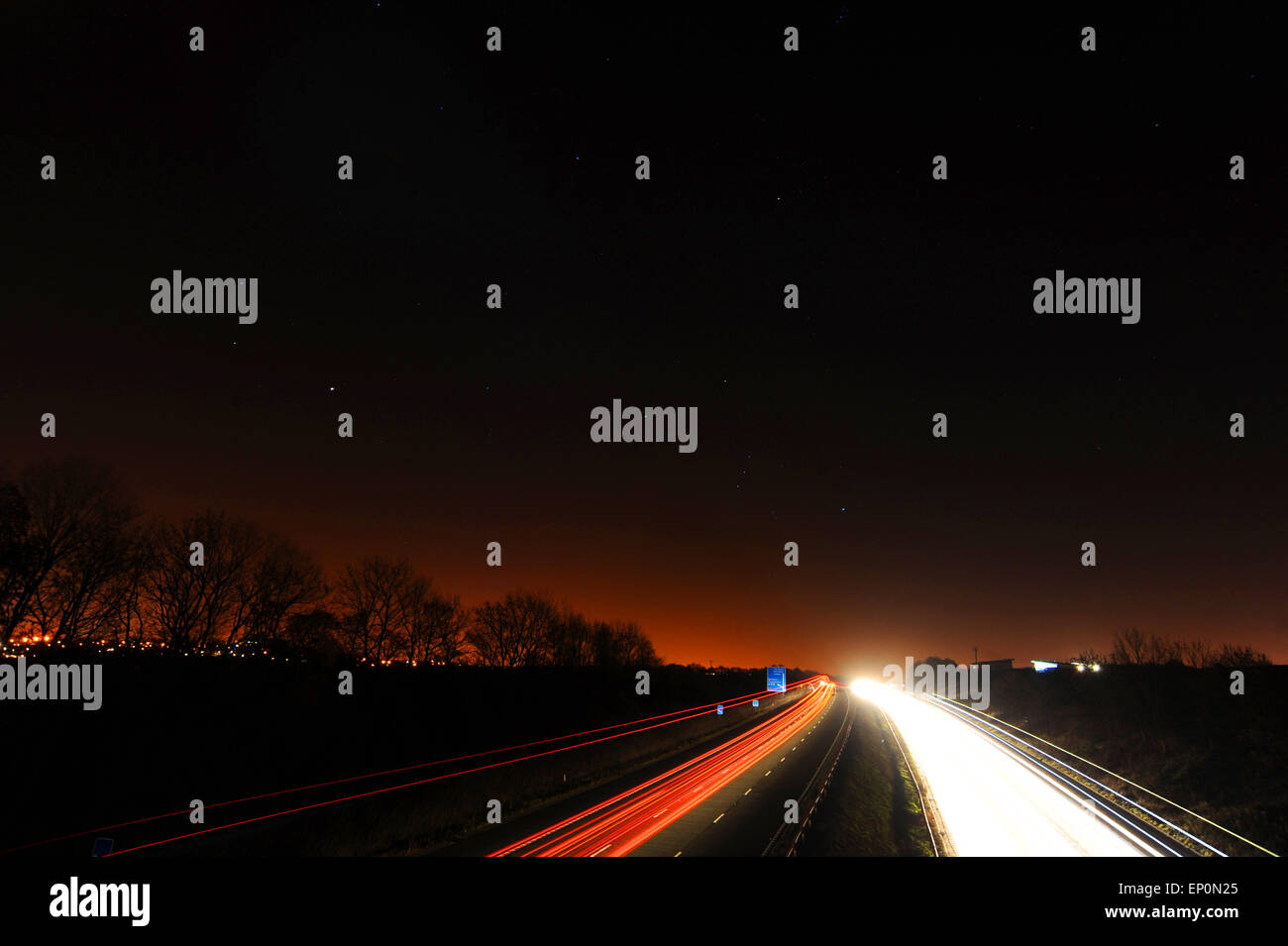 Moving traffic on the M1 Motorway at night, Barnsley, South Yorkshire ...