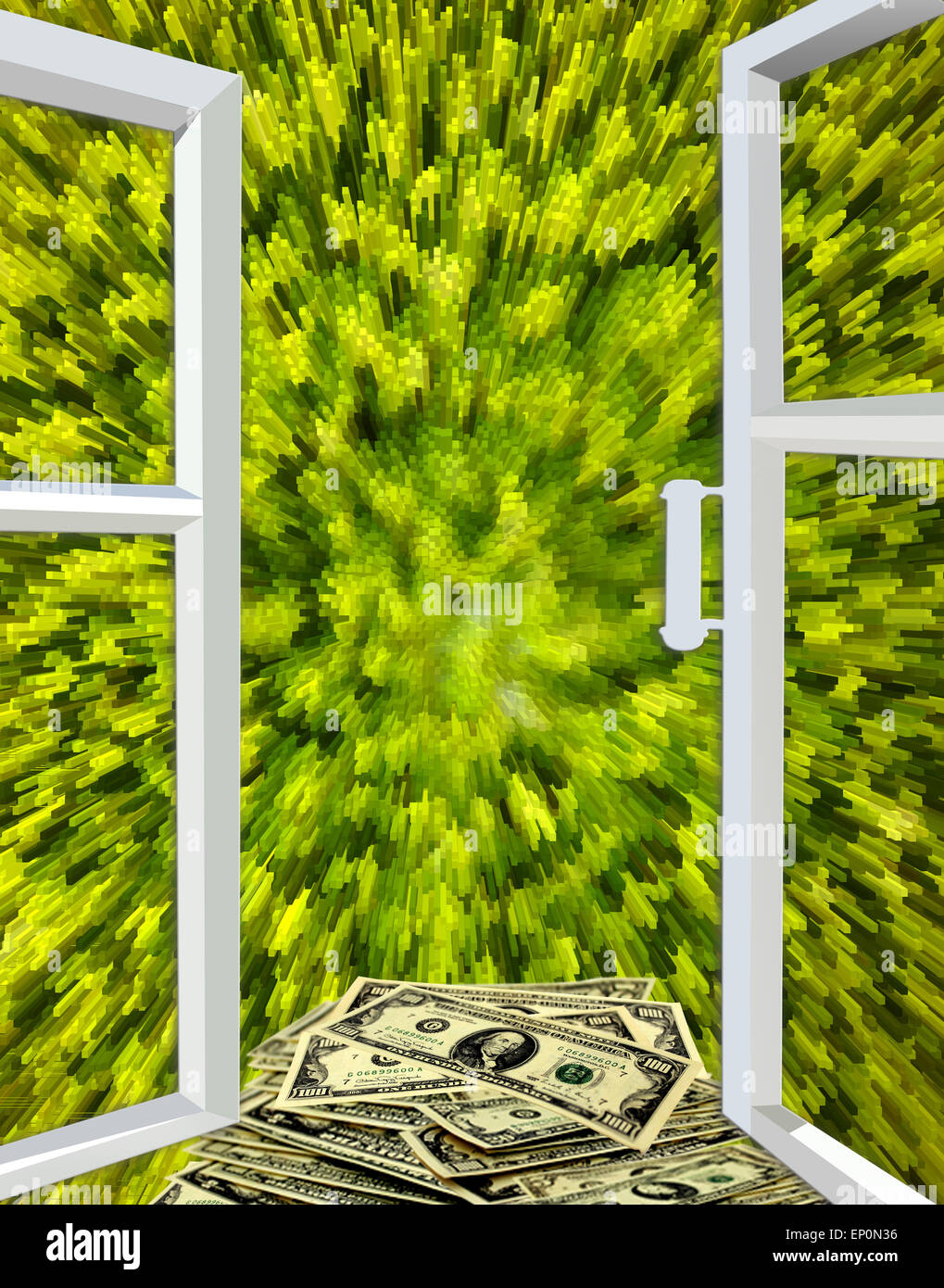 opened window to the blue abstract image and heap of dollars Stock ...