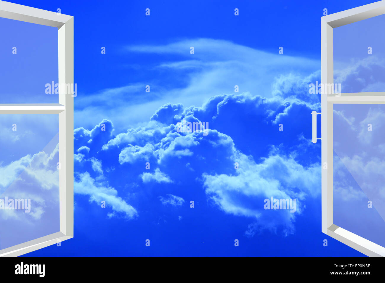 window opened to picturesque white clouds on blue sky Stock Photo - Alamy