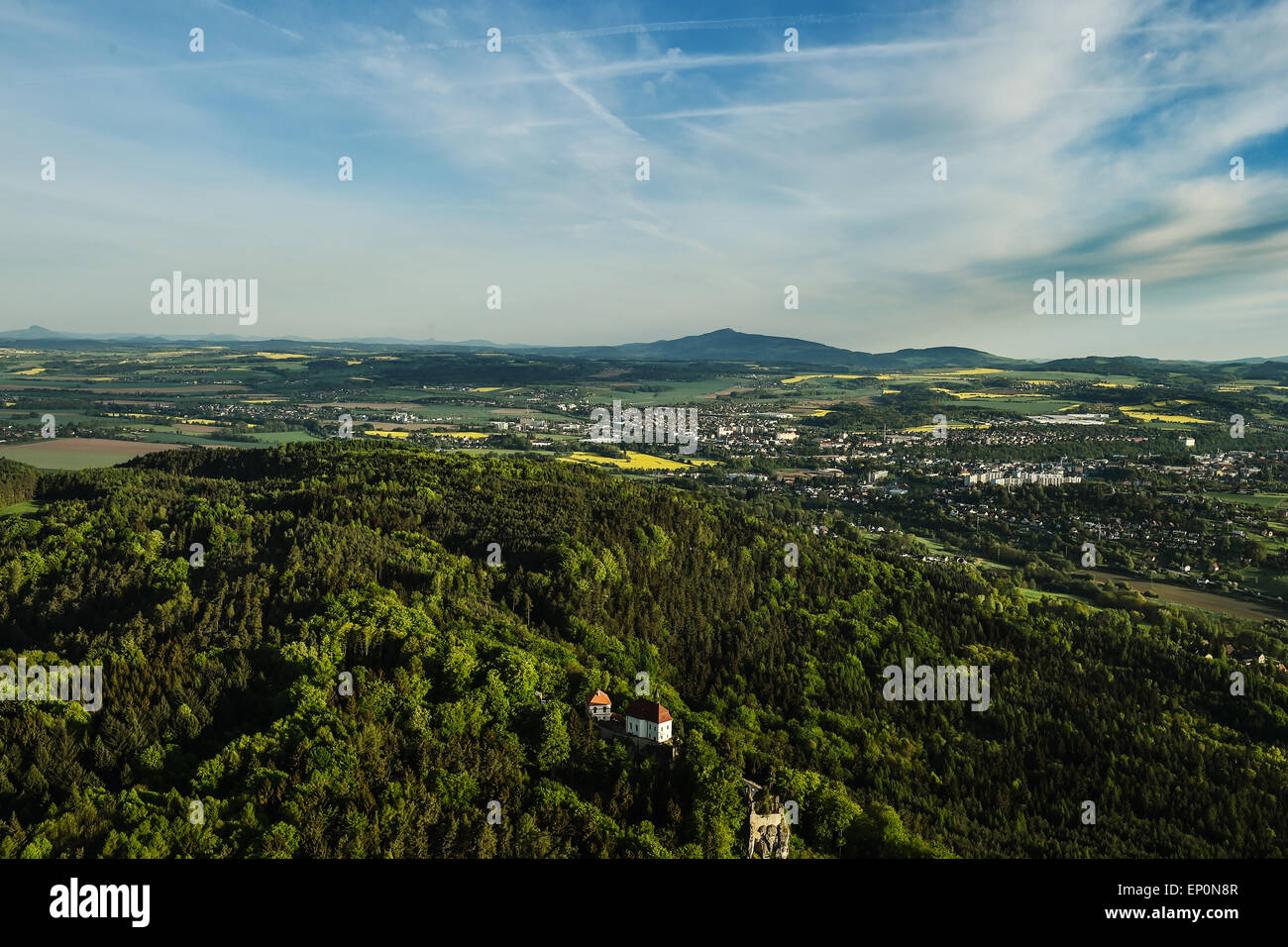 View from hot air balloon at the Valdstejn Castle (front) and Turnov ...