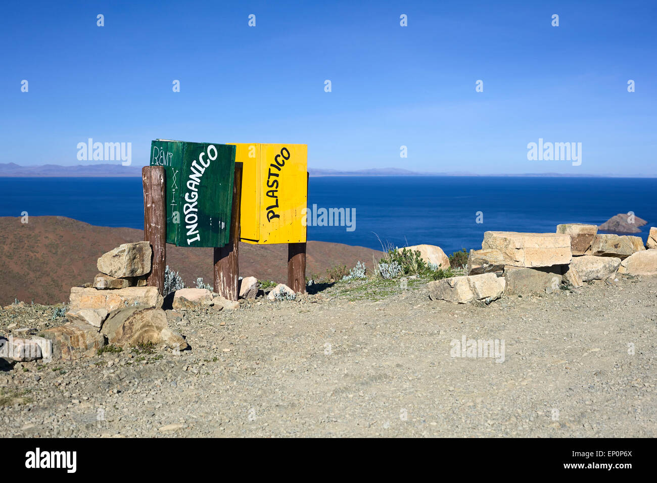 Trash cans for inorganic and plastic garbage along the trail on Isla ...