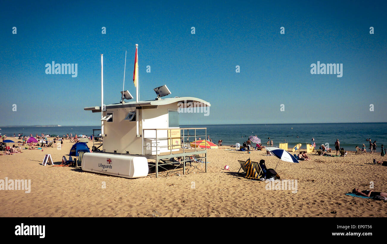 Lifeguard station on the Bournemouth beach in summer, Dorset, England ...