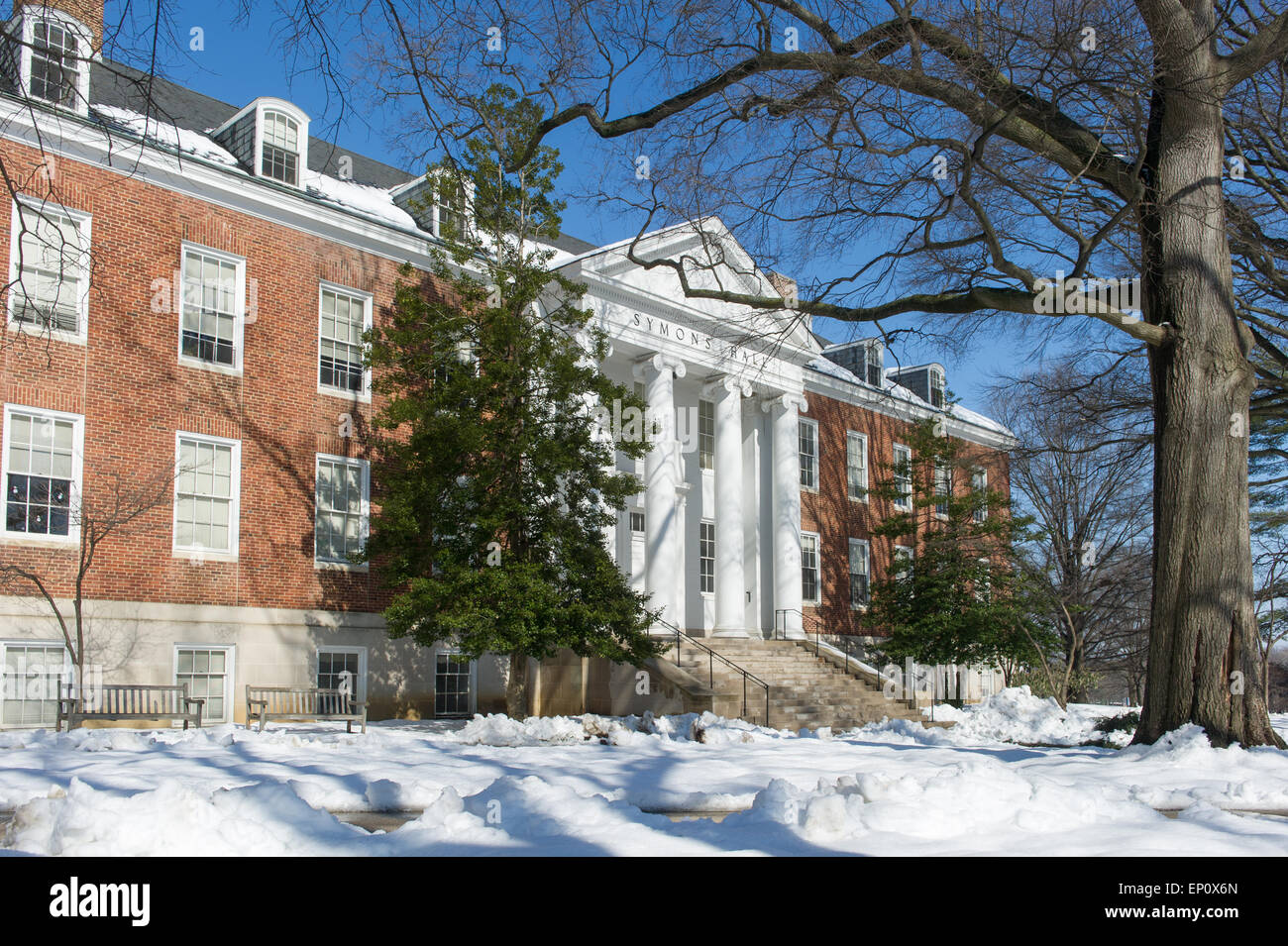 Exterior of Symons Hall building in winter, at the University of ...