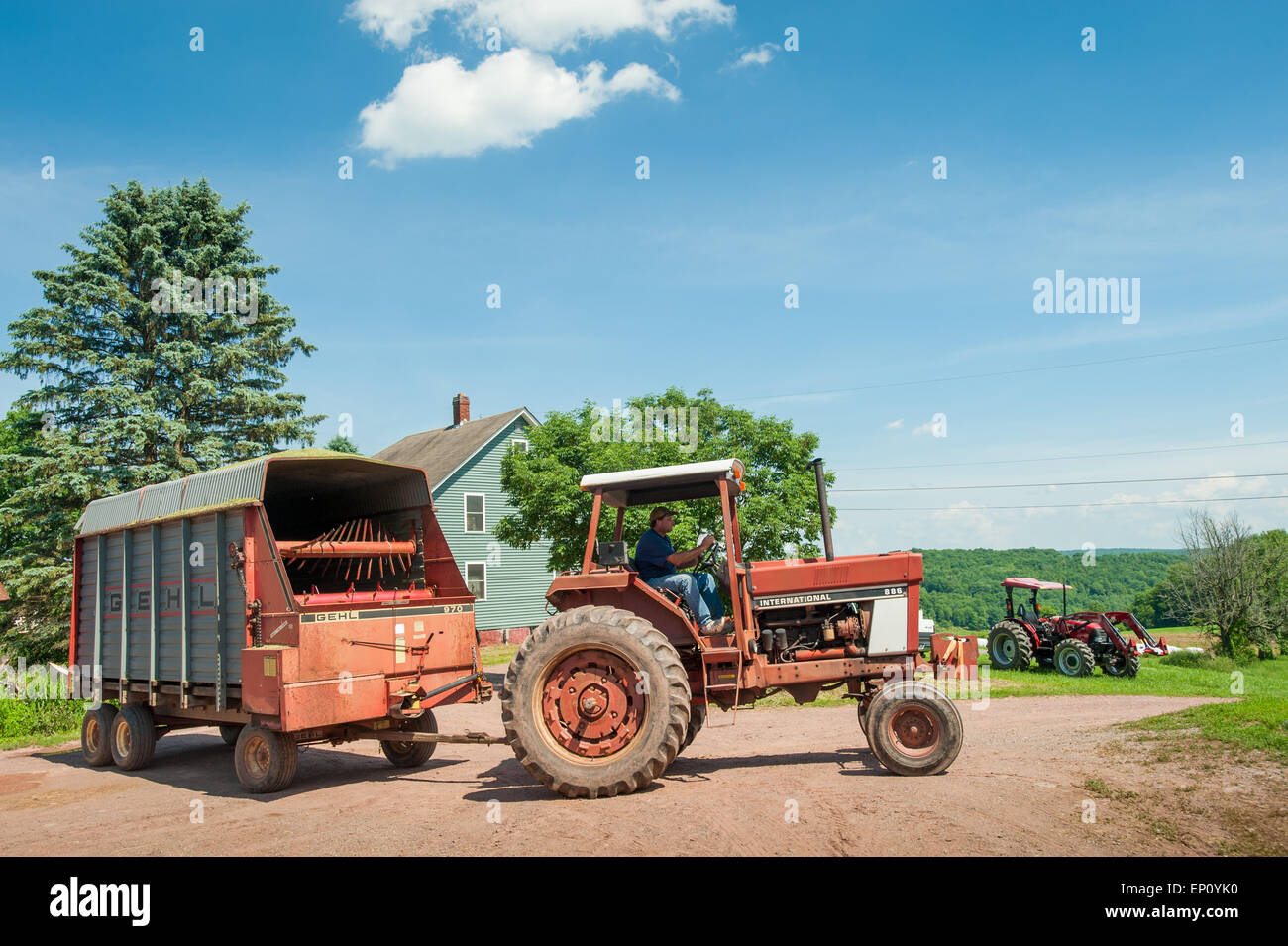 Man riding red tractor in Honesdale, PA Stock Photo - Alamy