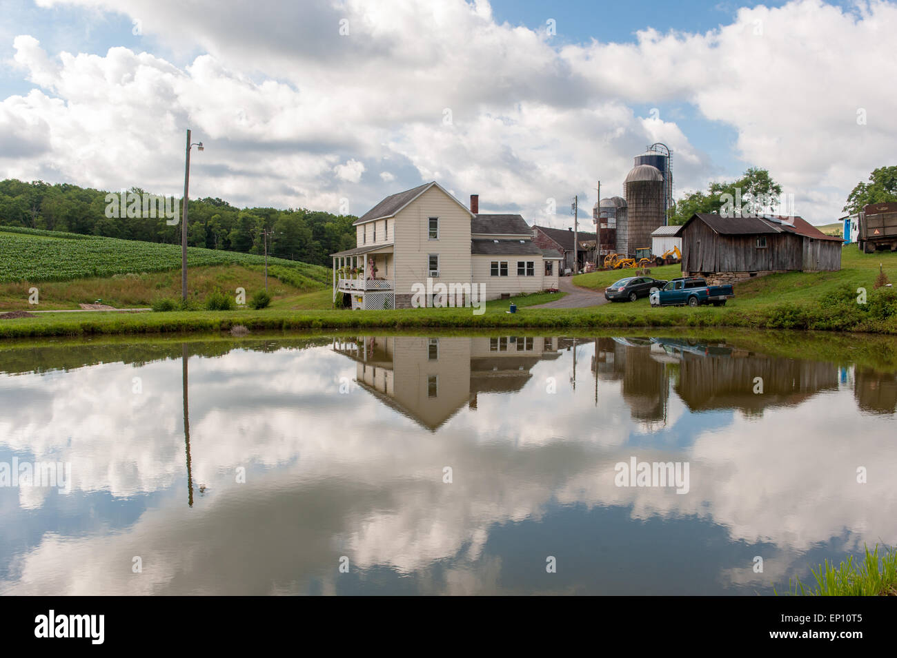 Reflections in pond of farm in Garrett County, Maryland, USA Stock ...