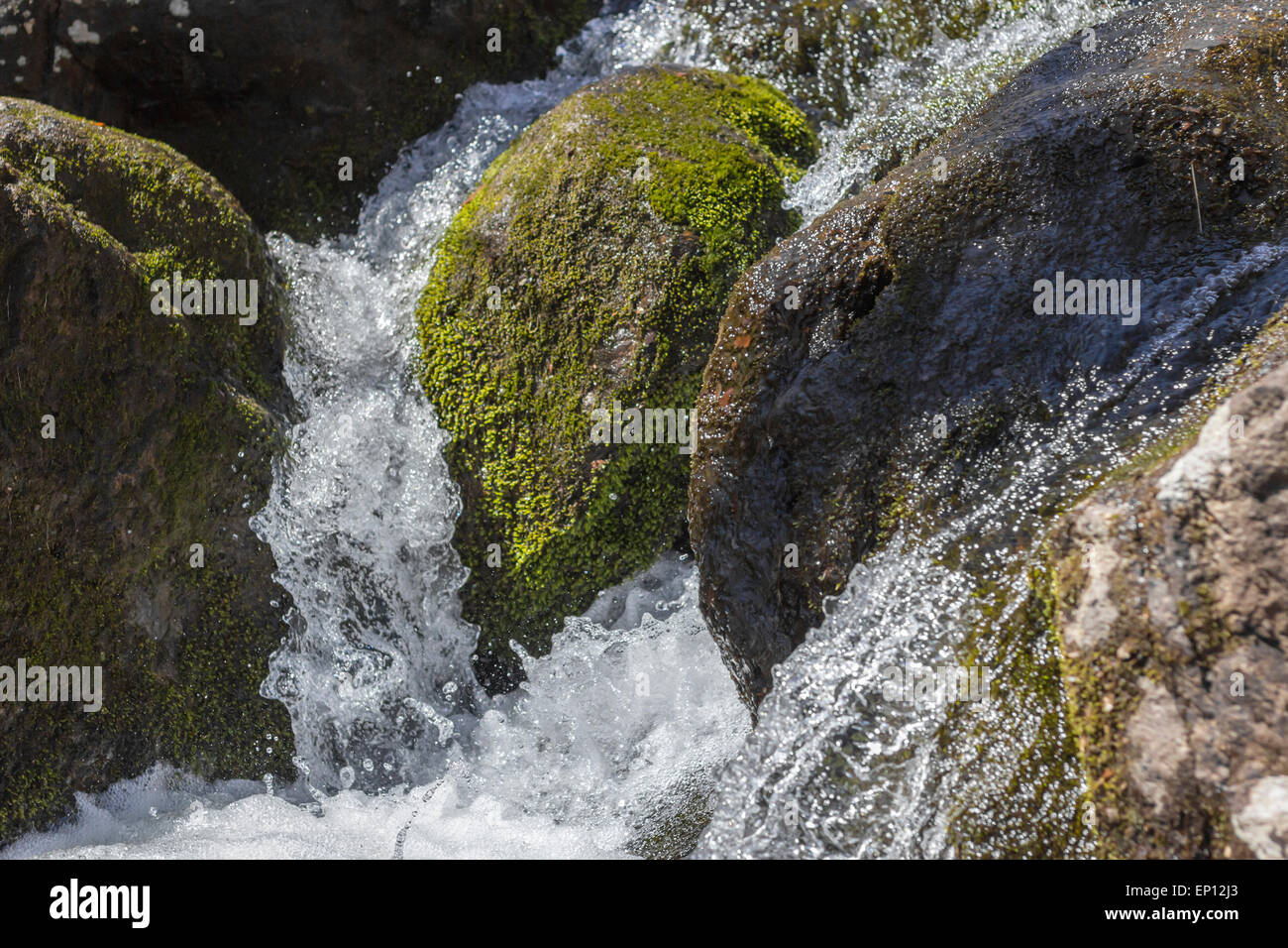 Waterfall rapids with water frozen in time splashing against mossy ...