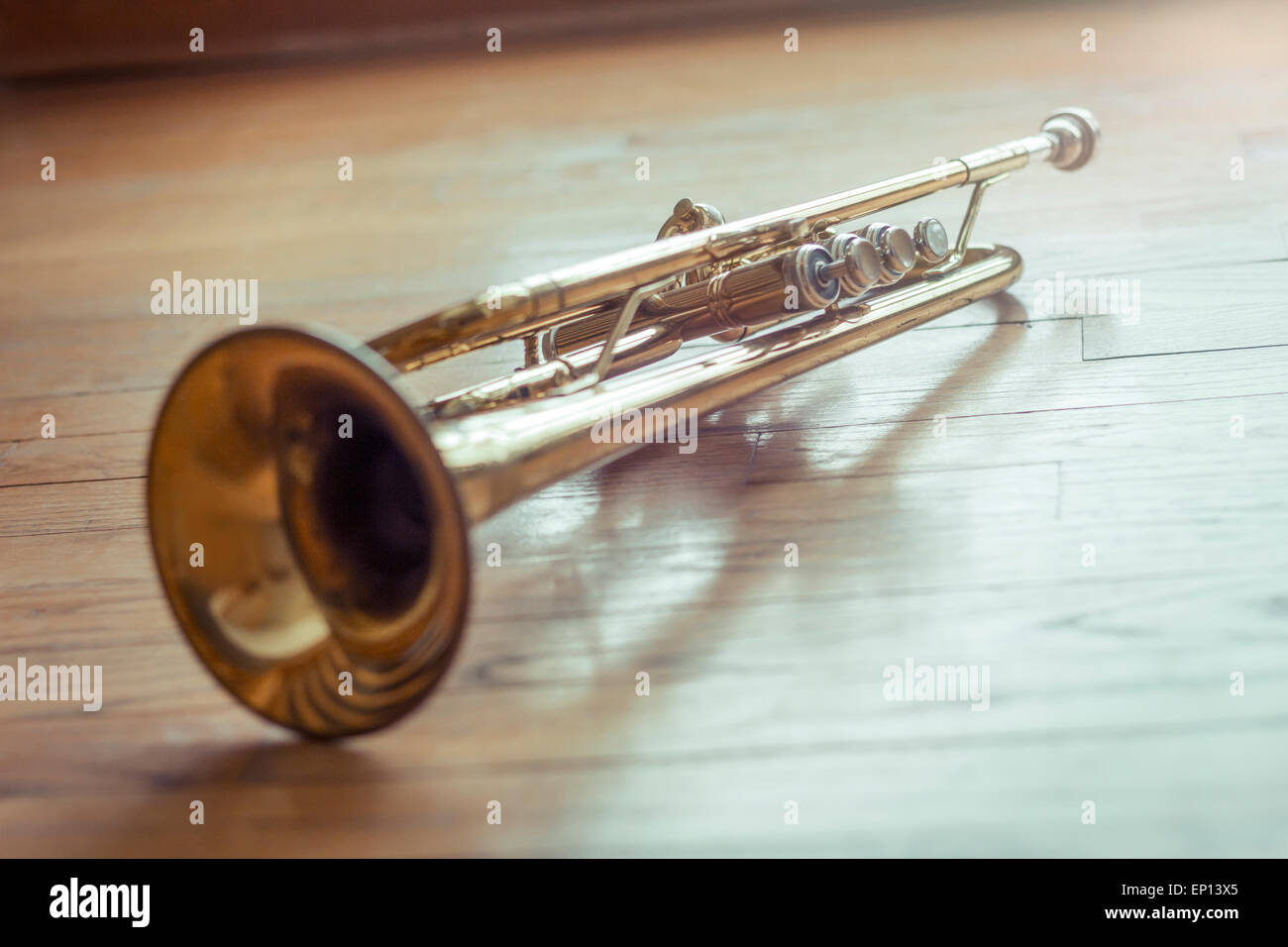 Old rusty trumpet lays on wooden floor in the morning light Stock Photo ...