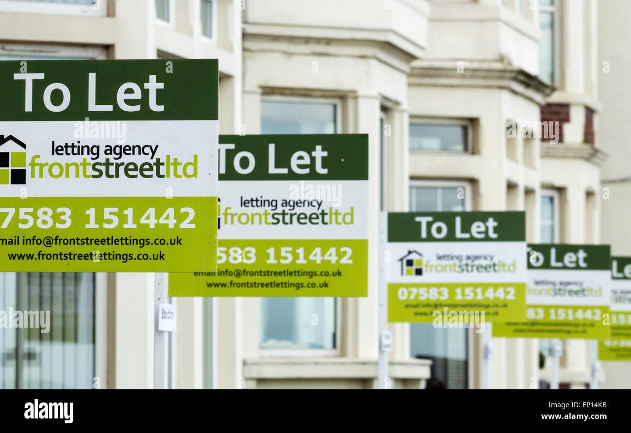 To Let signs on flats overlooking sea at Whitley Bay on the north east ...