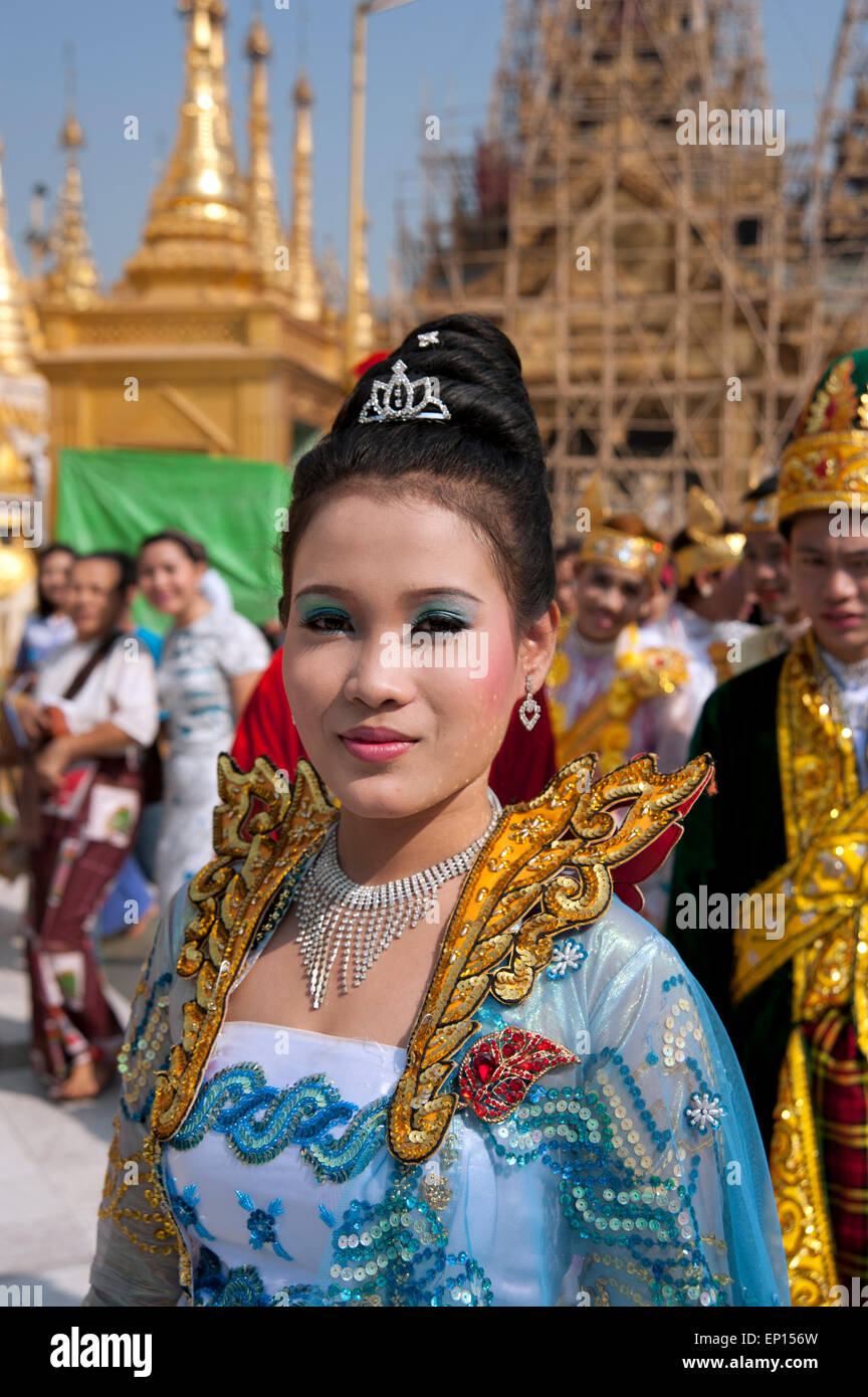 Portrait of a Burmese girl with traditional costume and jewelery at the ...