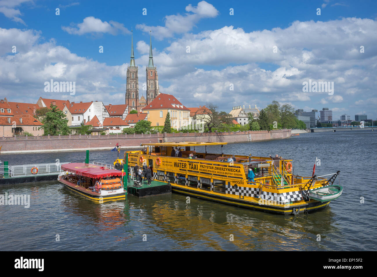 Wroclaw Odra River Ostrow Tumski cruising boat sunny spring day Stock ...