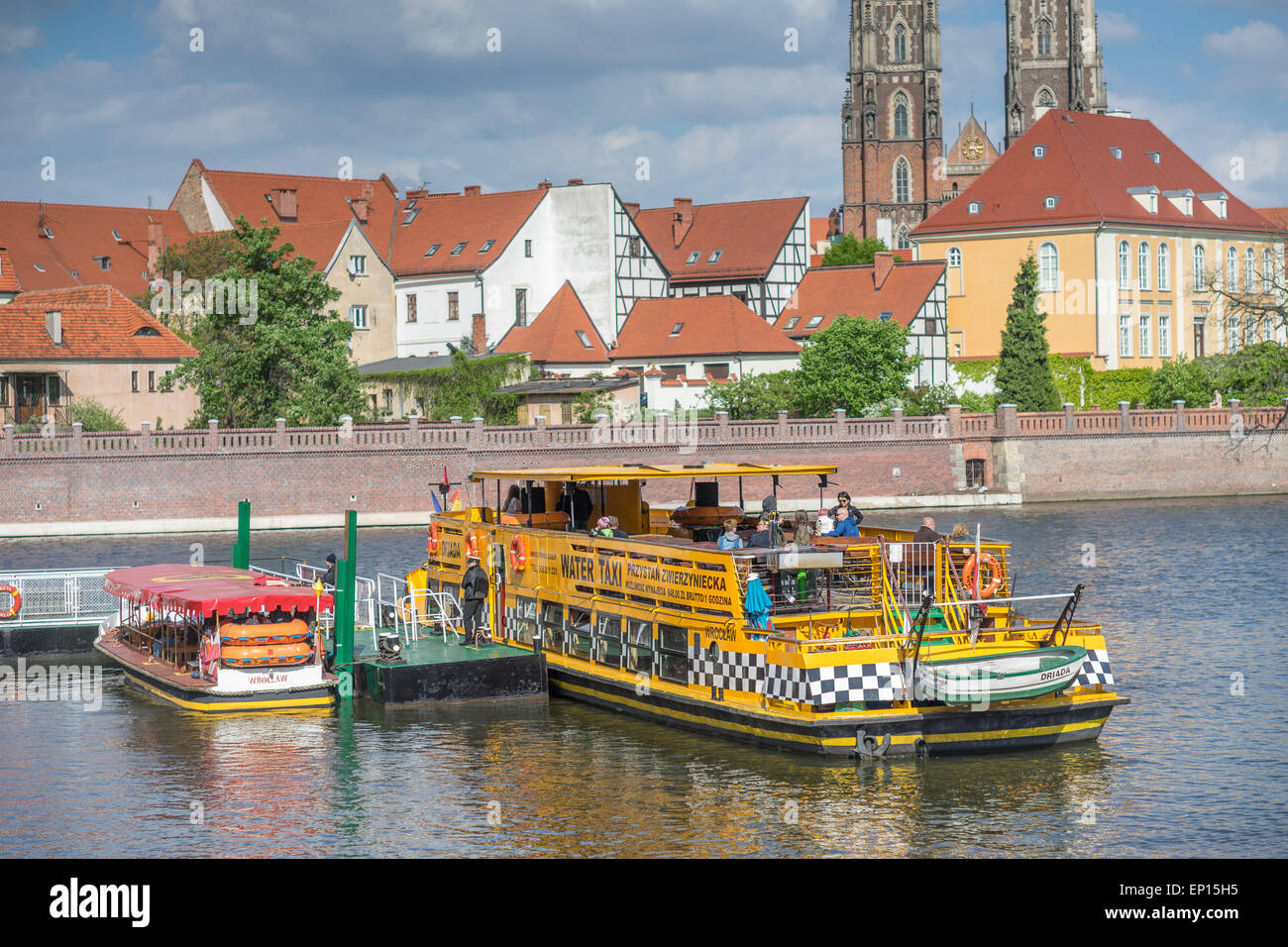 Wroclaw Odra River Ostrow Tumski cruising boat sunny spring day Stock ...