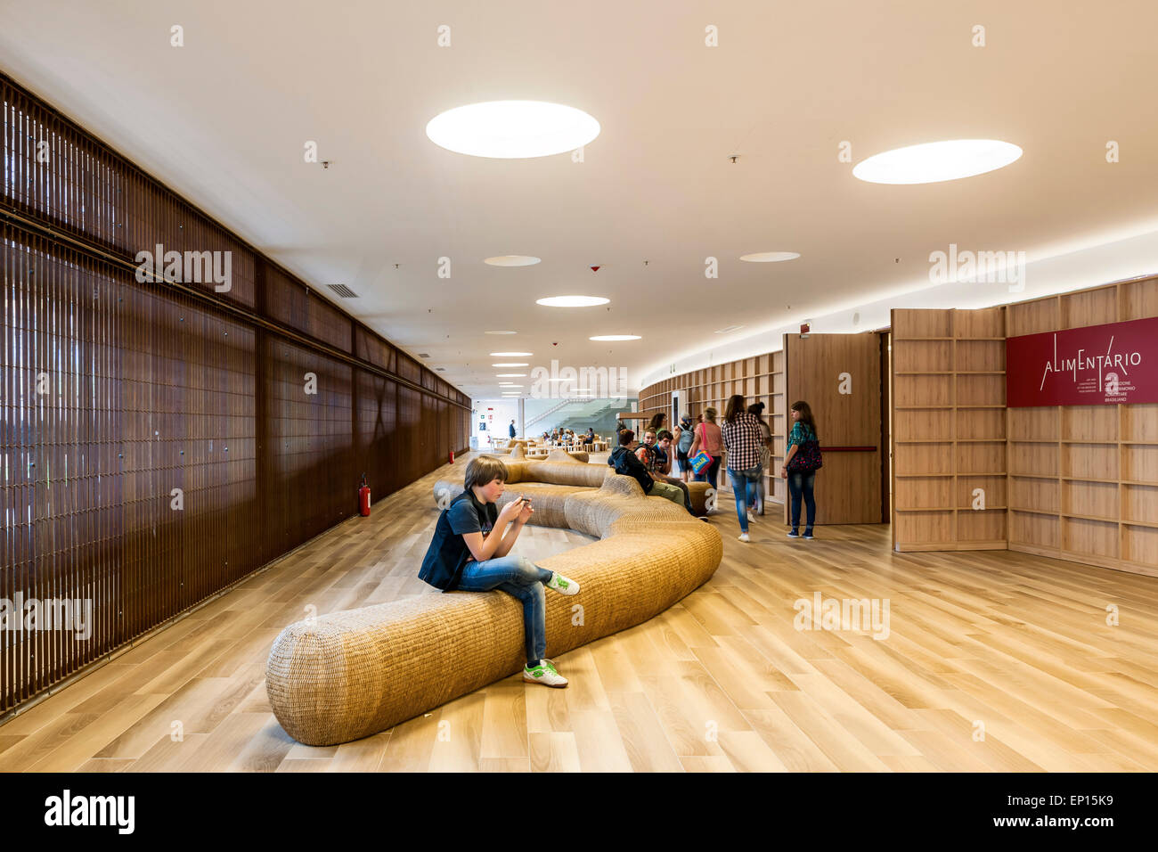Exhibition foyer with wicker snake-bench. Milan EXPO 2015, Brazilian ...