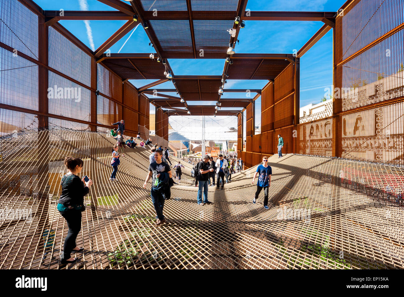 View across tensile net structure. Milan EXPO 2015, Brazilian Pavilion ...