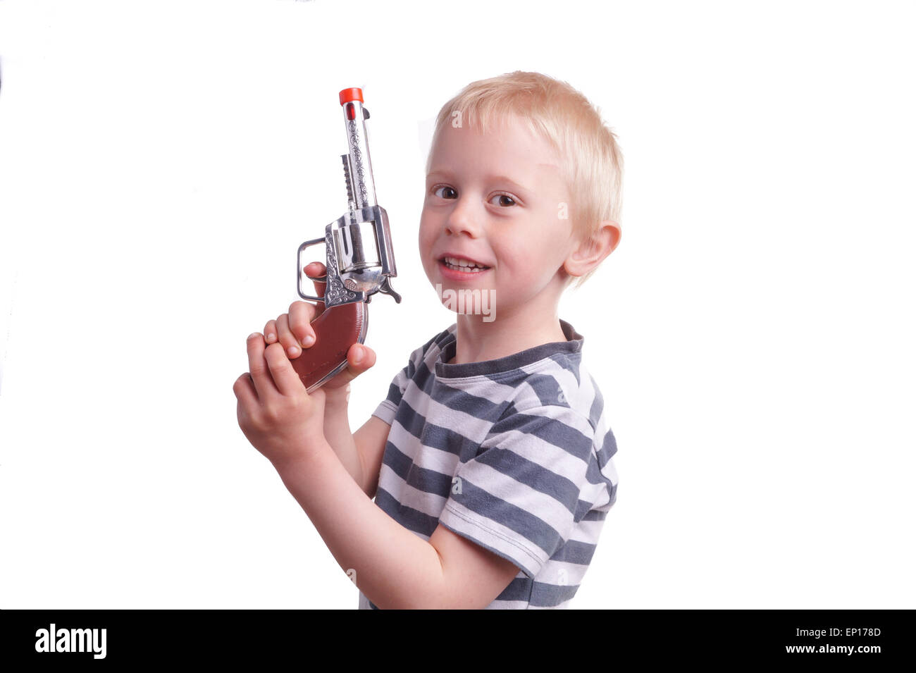 Child with gun. The boy playing police and robber. Isolated on white ...