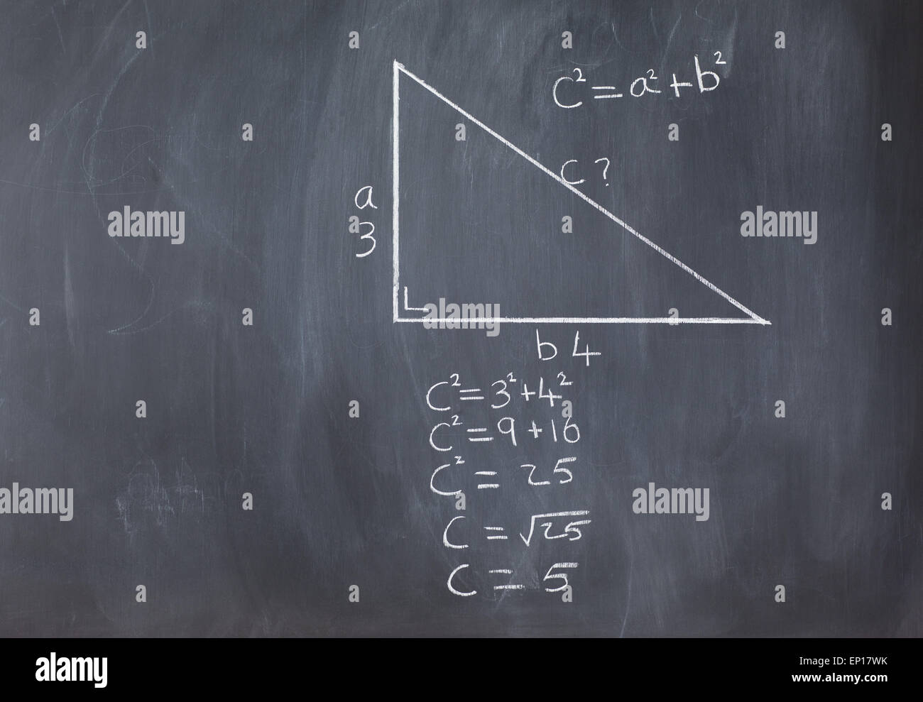 Right triangle with pythagorean formula and calculations on a ...