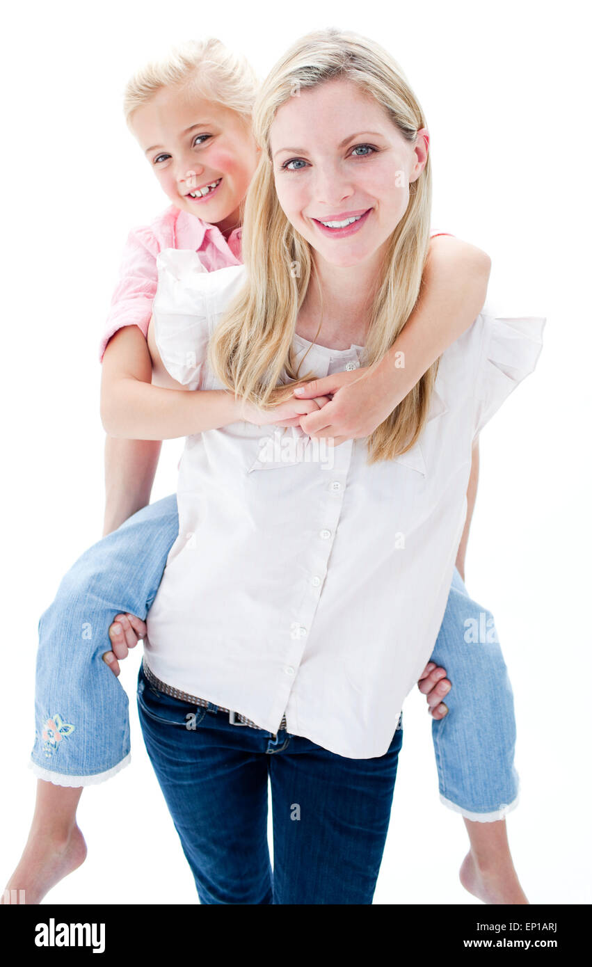 Close-up of little girl enjoying piggyback ride with her mother Stock ...