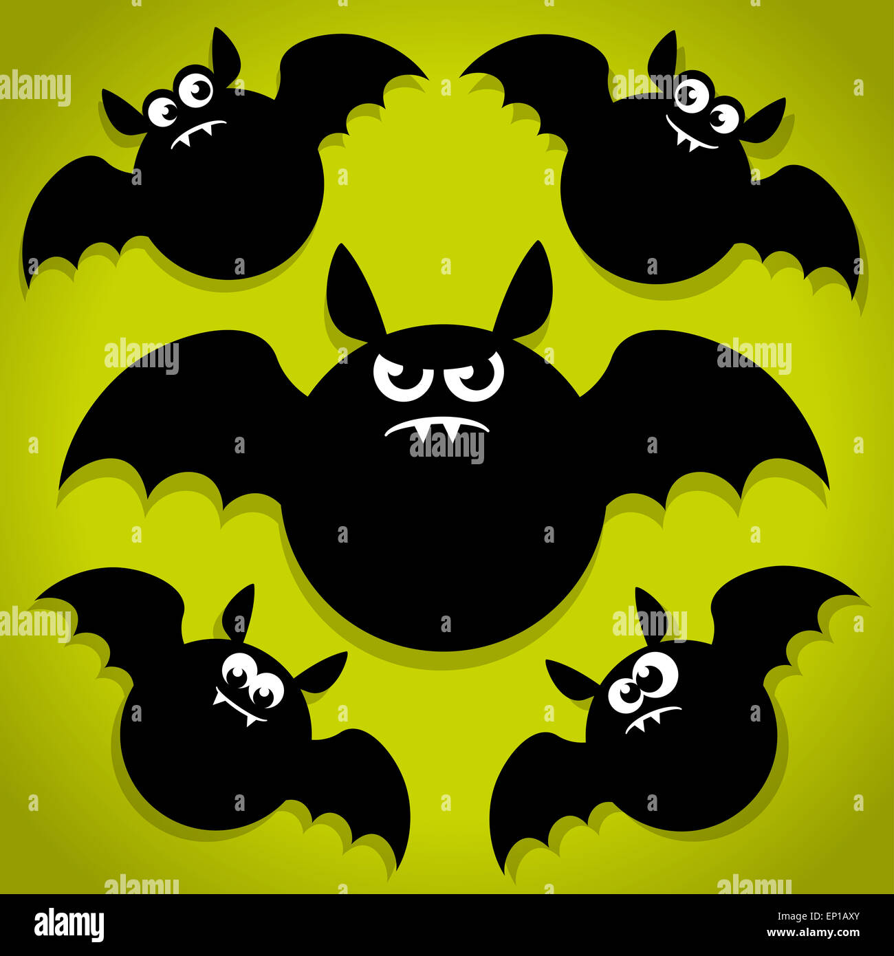 Five Scary Little Black Bat Halloween Icons on Green background Stock ...