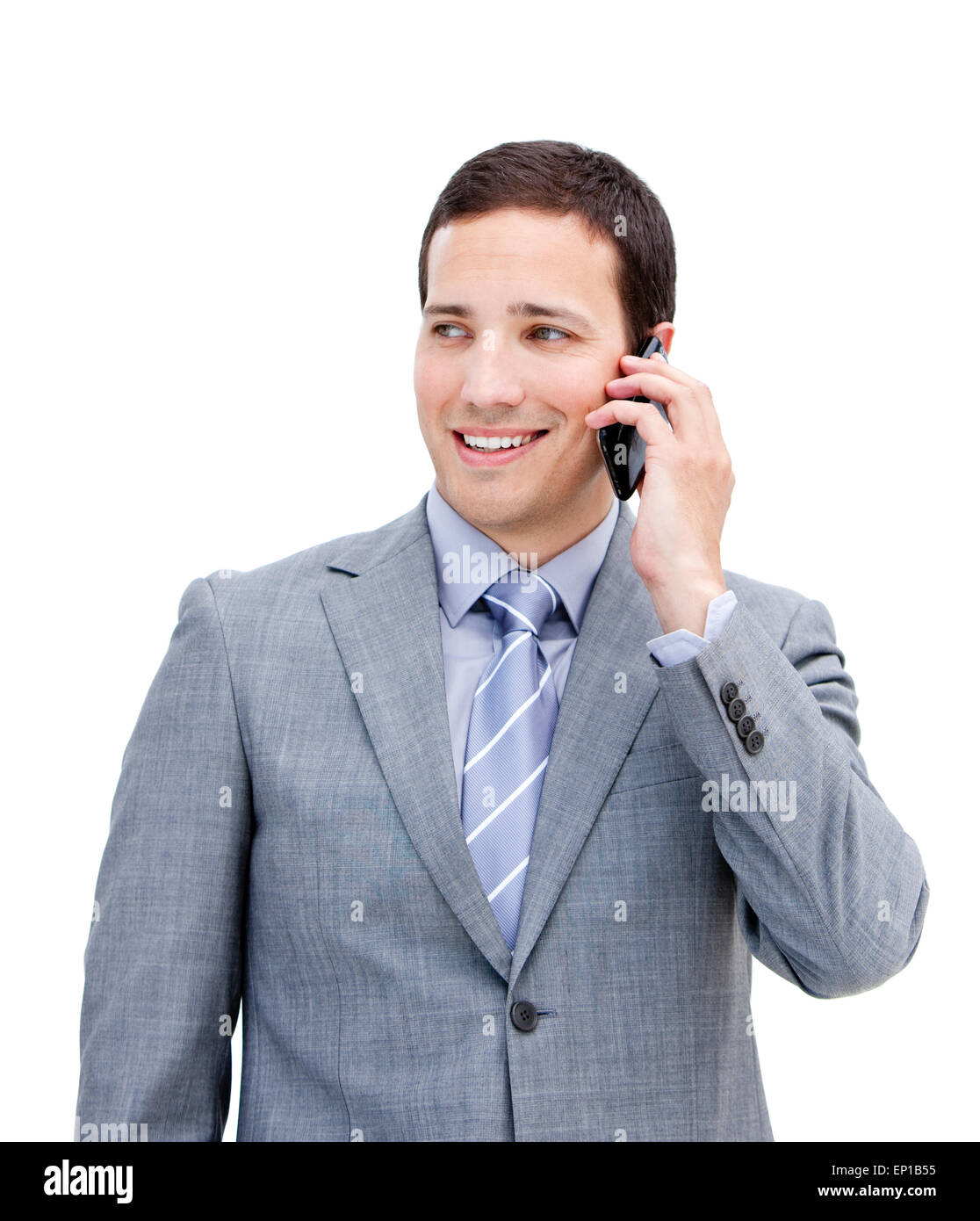 Portrait of a charismatic businessman on phone against a white ...
