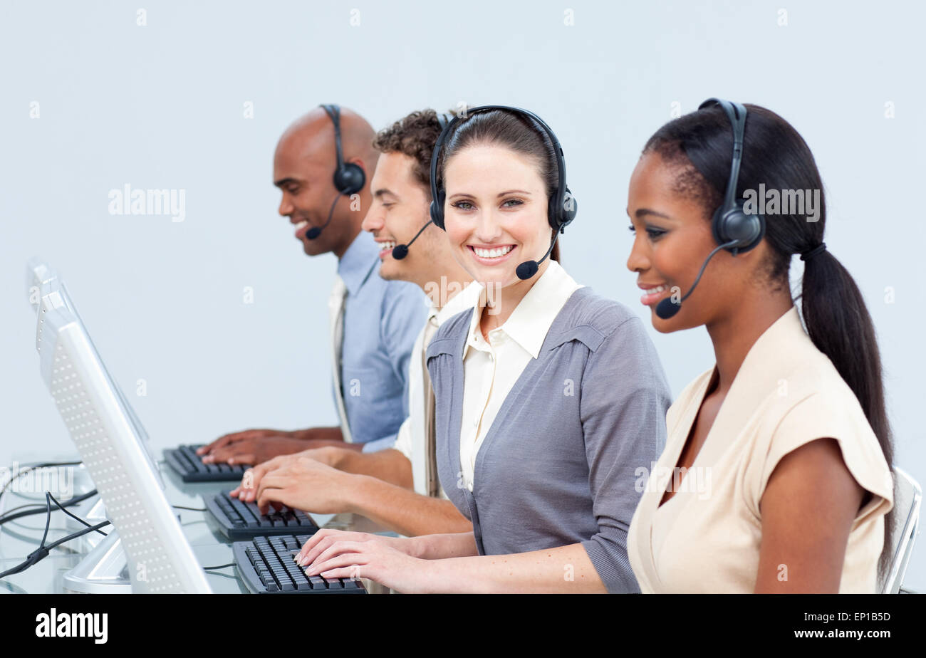 Assertive customer service representatives in a call-center Stock Photo ...