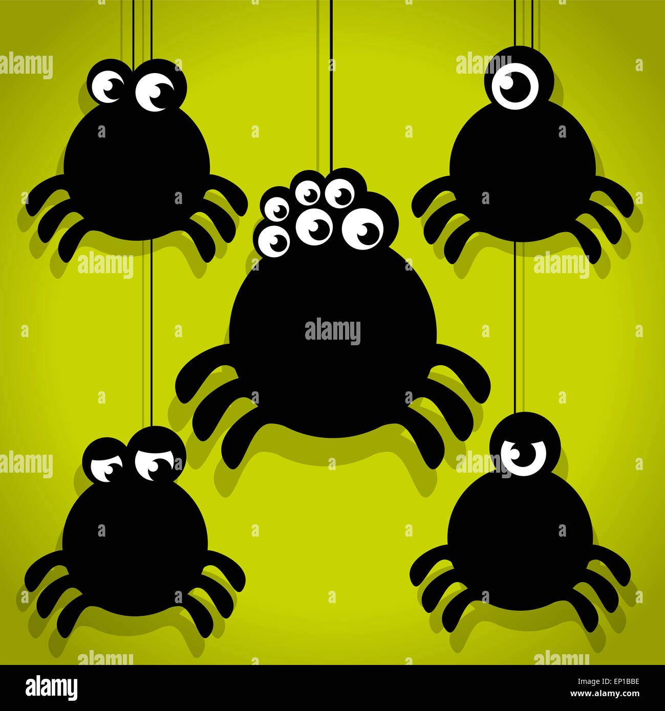 Five Scary Black Little Spider Halloween Icons on Green background ...