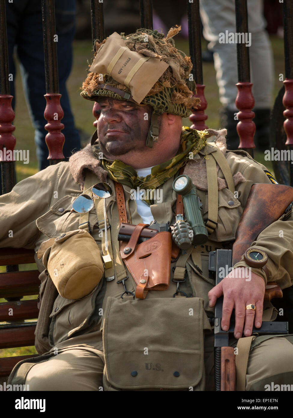 WW2 enthusiast in period British army uniform at a public event ...