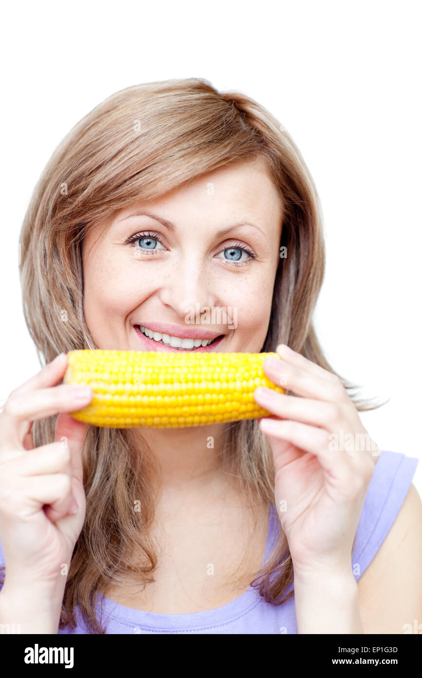 Attractive woman holding a corn Stock Photo - Alamy
