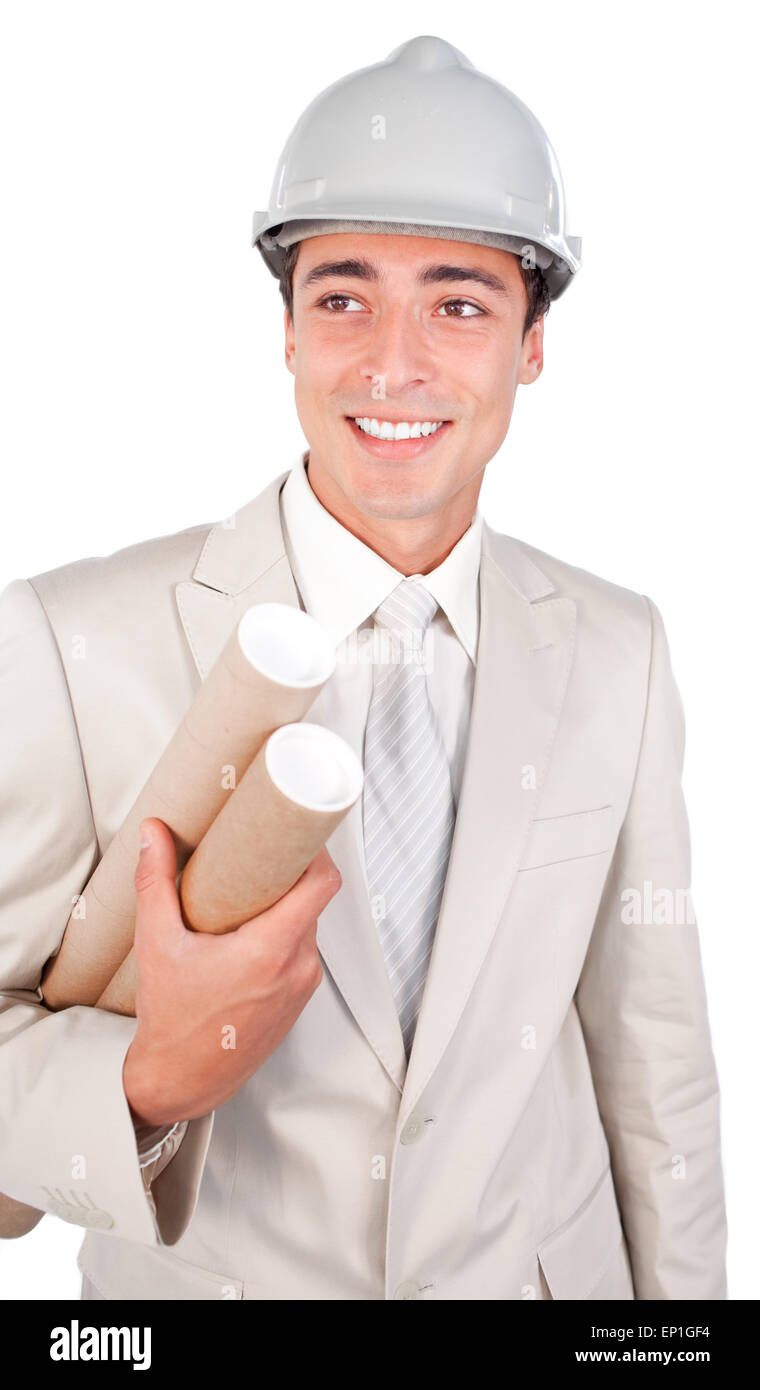 Confident male architect wearing a hardhat isolated on a white ...